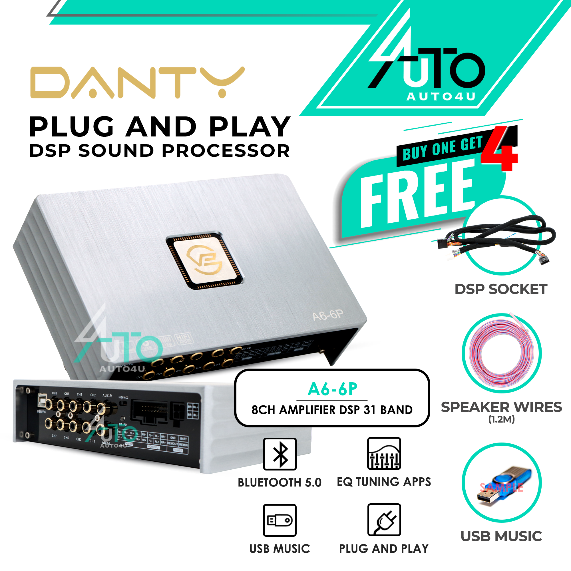 Danty A6-6P 8 Channel DSP Amp 31 Band Plug & Play EQ Car DSP Package 8CH DSP Power Booster ...