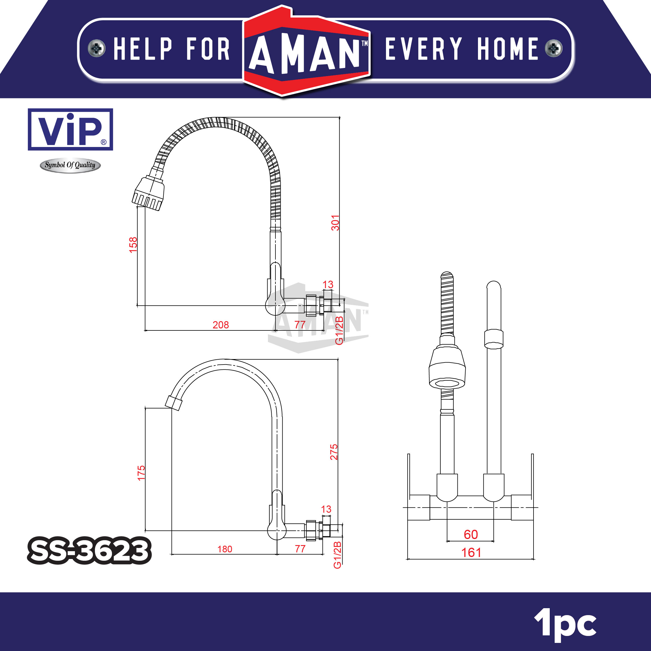 VIP SUS-304 Stainless Steel Fixed & Flexible Double Wall Sink Tap ...