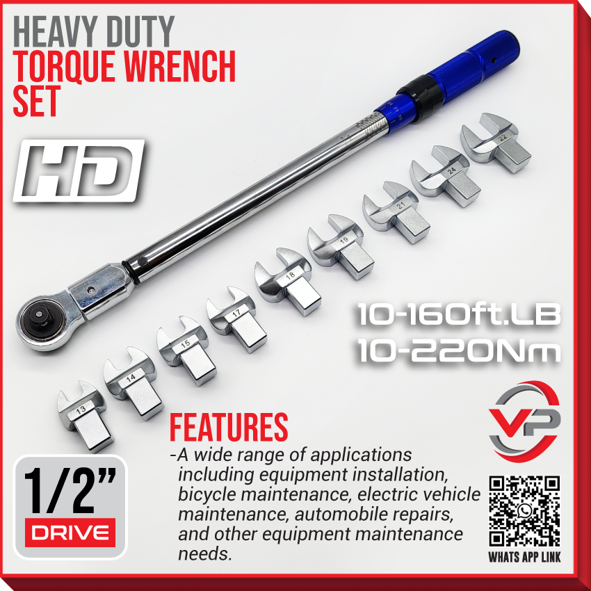 Heavy Duty Torque Wrench Kit Set 1/2” with Open-End Heads|10-220Nm ...