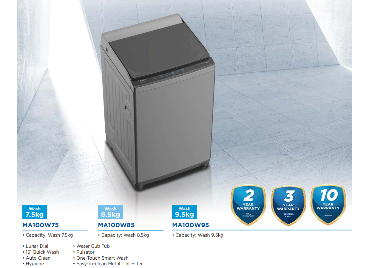Midea Washing Machine (7.5kg/8.5kg/9.5kg) Top Load Fully Auto MA100W75 ...