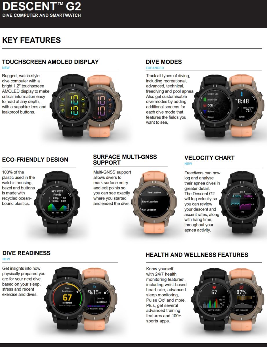 GARMIN Descent G2 Dive Computer Multi Sports Smart Watch Scuba Diving ...