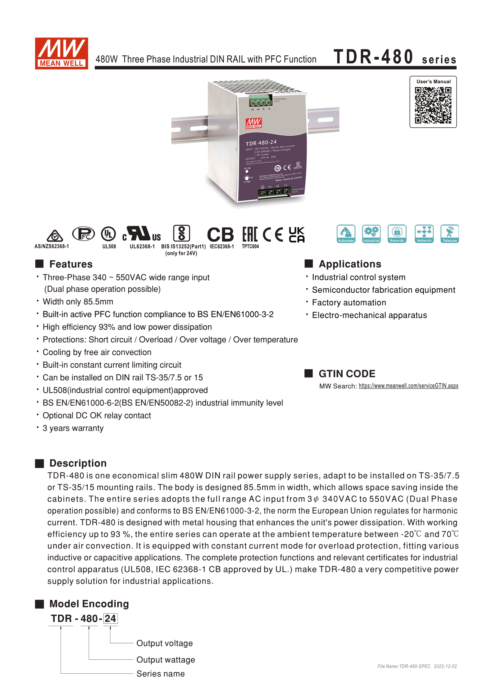 Mean Well TDR-480-24 480W 24V 20A Three Phase Industrial DIN RAILL ...