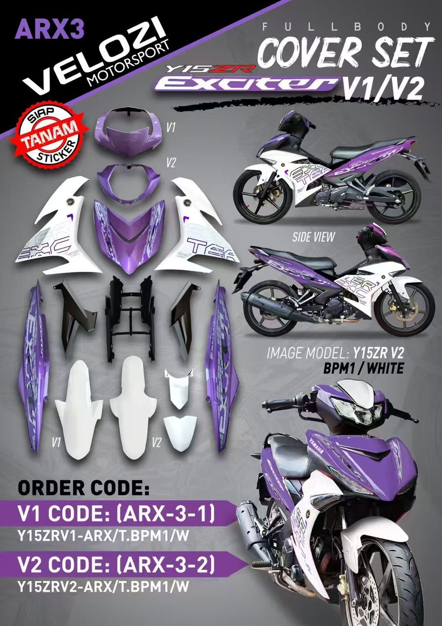 COVER SET Y15ZR V1 V2 EXCITER AEROX ARX3 BPM1 WHITE PURPLE PUTIH SIAP TANAM COVERSET Y15ZR YSUKU ...