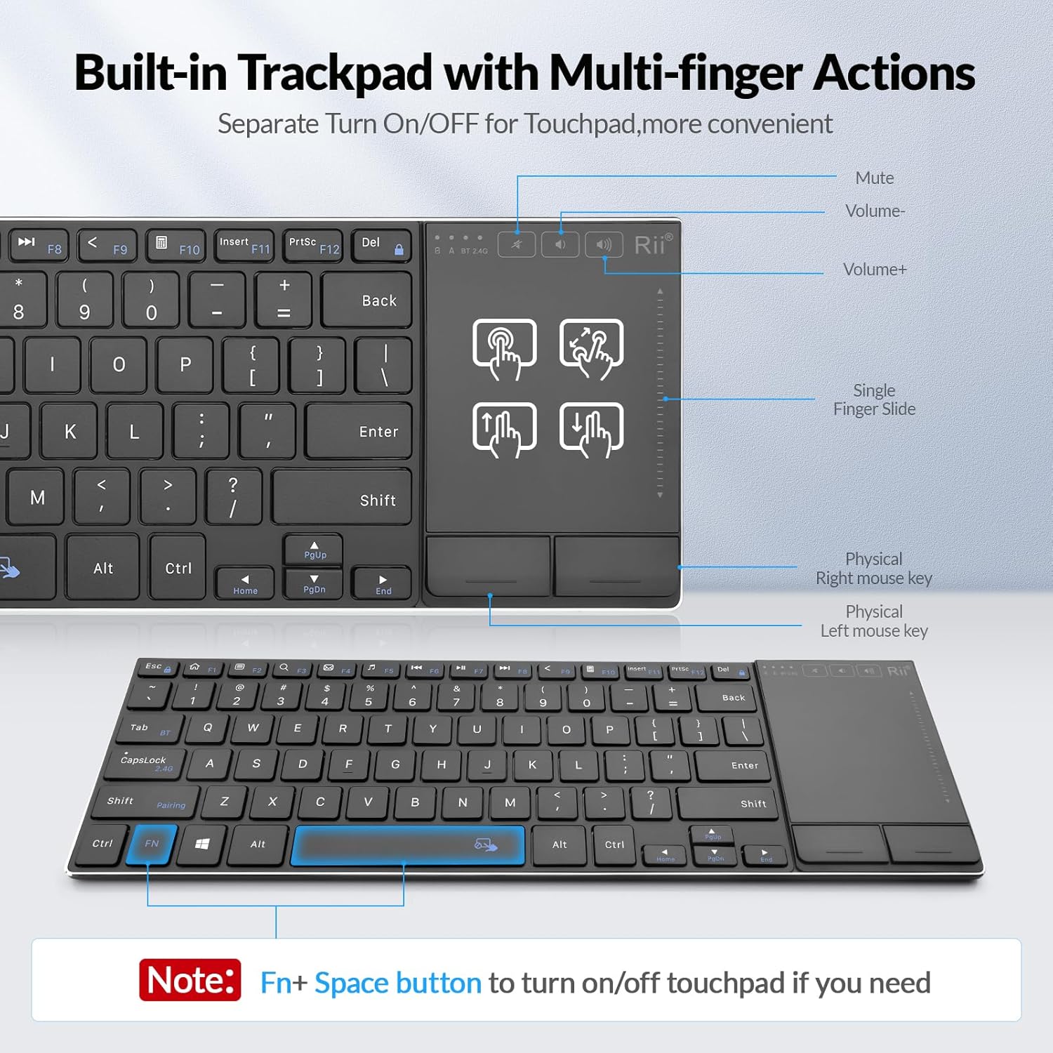 Rii K22 Wireless Bluetooth Keyboard Rechargeable Stainless Steel Ultra ...