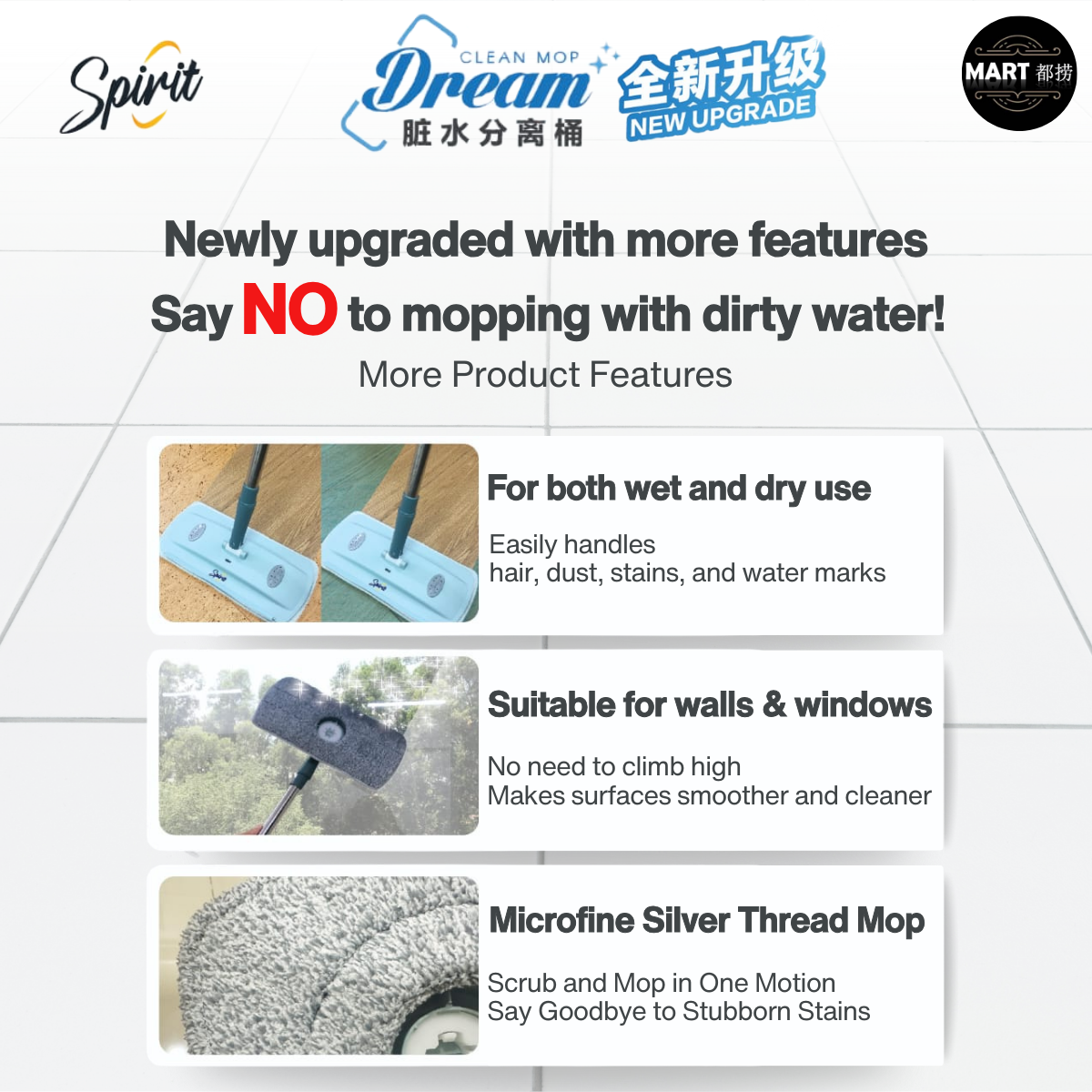 Spirit Dream Mop Spin Wash Mop Dirty & Clean Water Separation Triangle ...