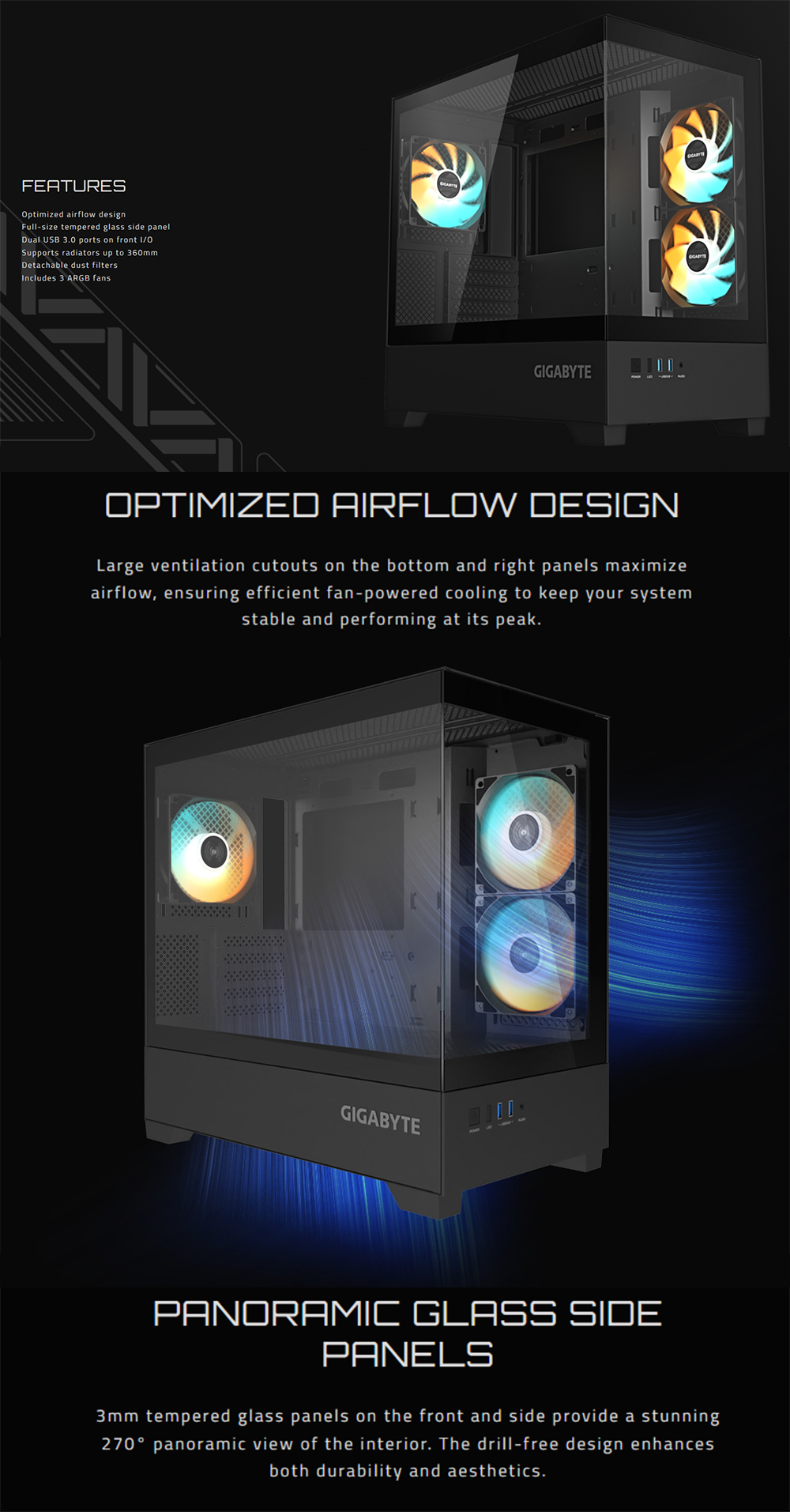 Gigabyte C201 PANORAMIC Tempered Glass Side Panel Mid Tower PC Case ...