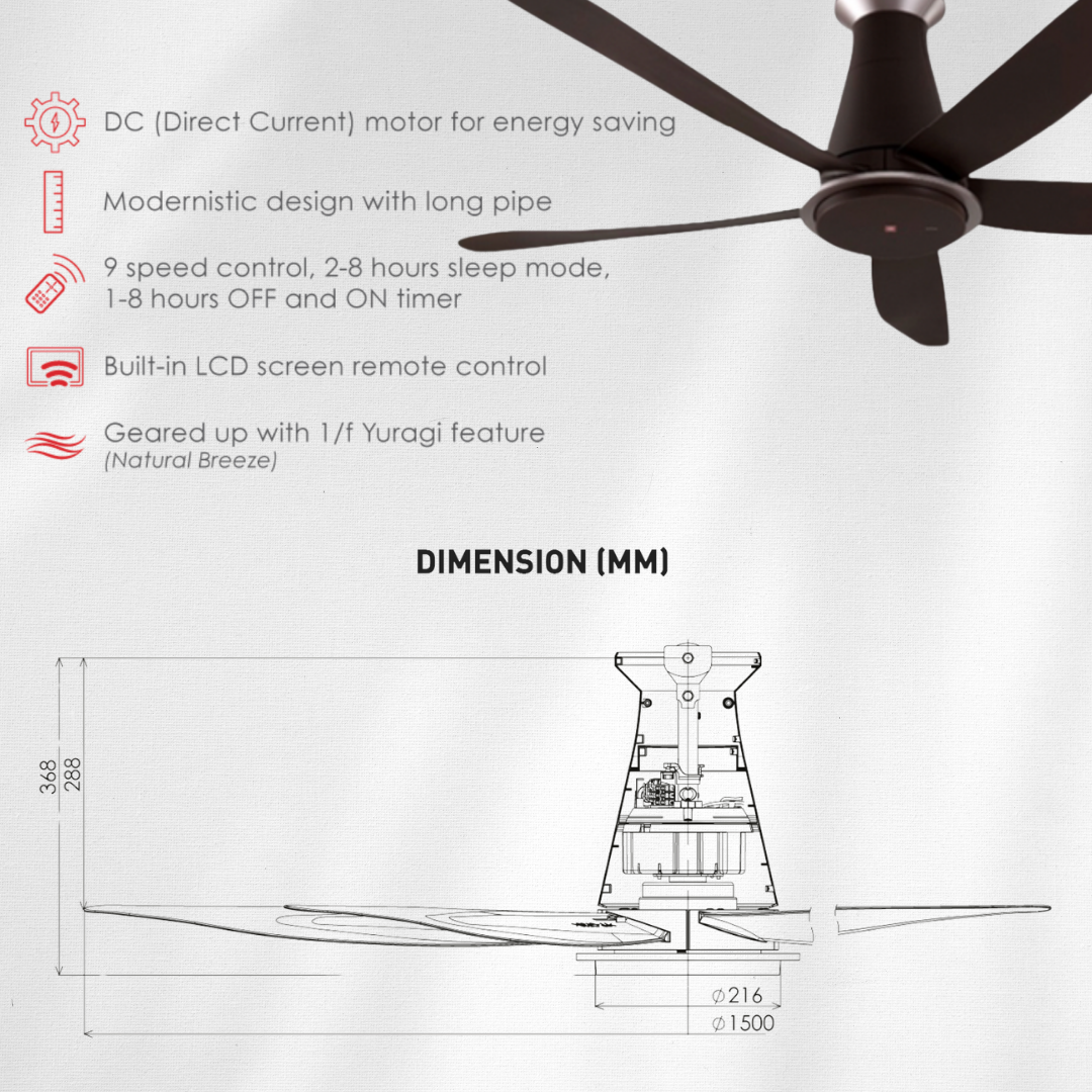 KDK K15YX-RBR/K15YX-QBR Ceiling Fan Long Pipe Fan with Natural Breeze ...