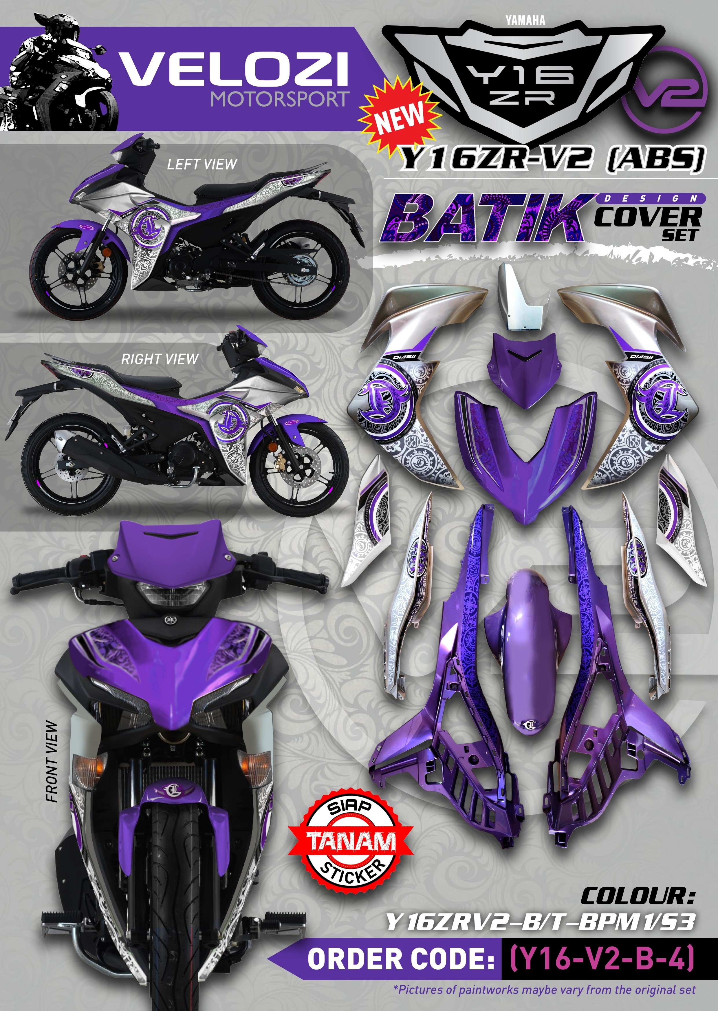 COVERSET YAMAHA Y16 V2 ABS DESIGN BATIK PURPLE SILVER Y16-V2-B-4 TANAM ...