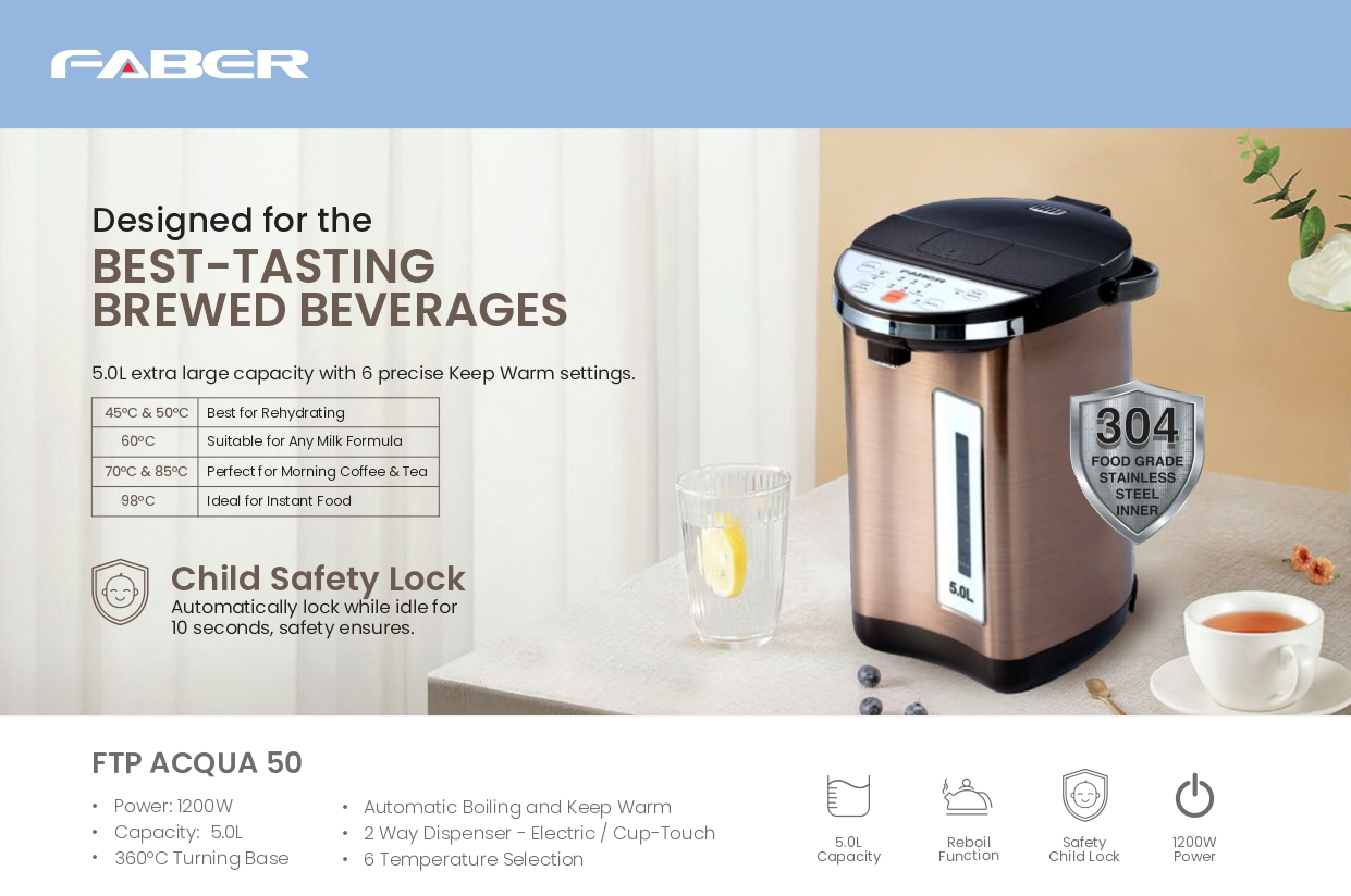 Faber Thermo Pot Water Dispenser 5.0L Pemanas Air Elektrik 熱水壺電熱水壺 FTP ACQUA 50 FTP50 | Shopee ...