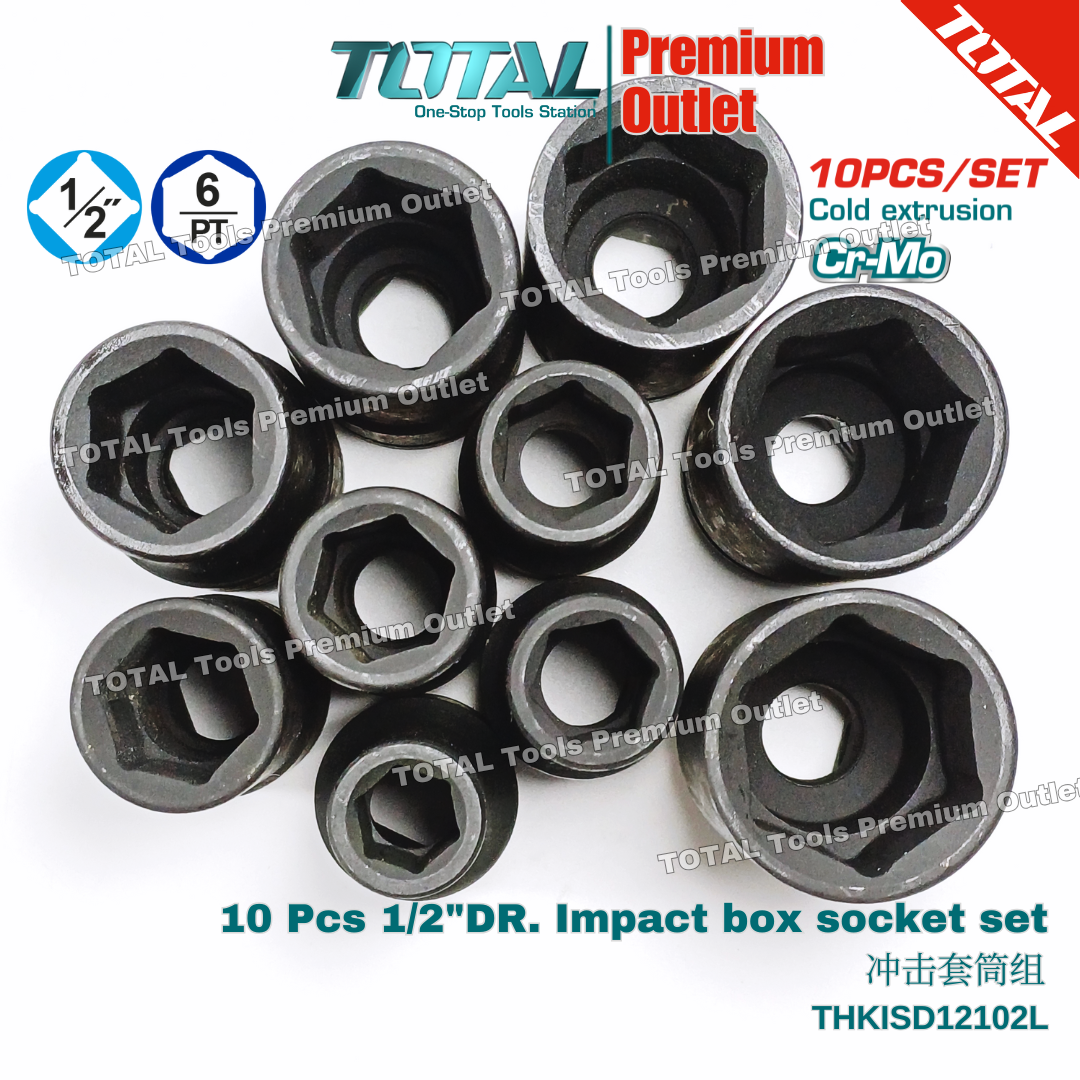 TOTAL Tools 10 pcs 1/2" Cr-Mo Long deep Impact box socket set 10~24mm ...