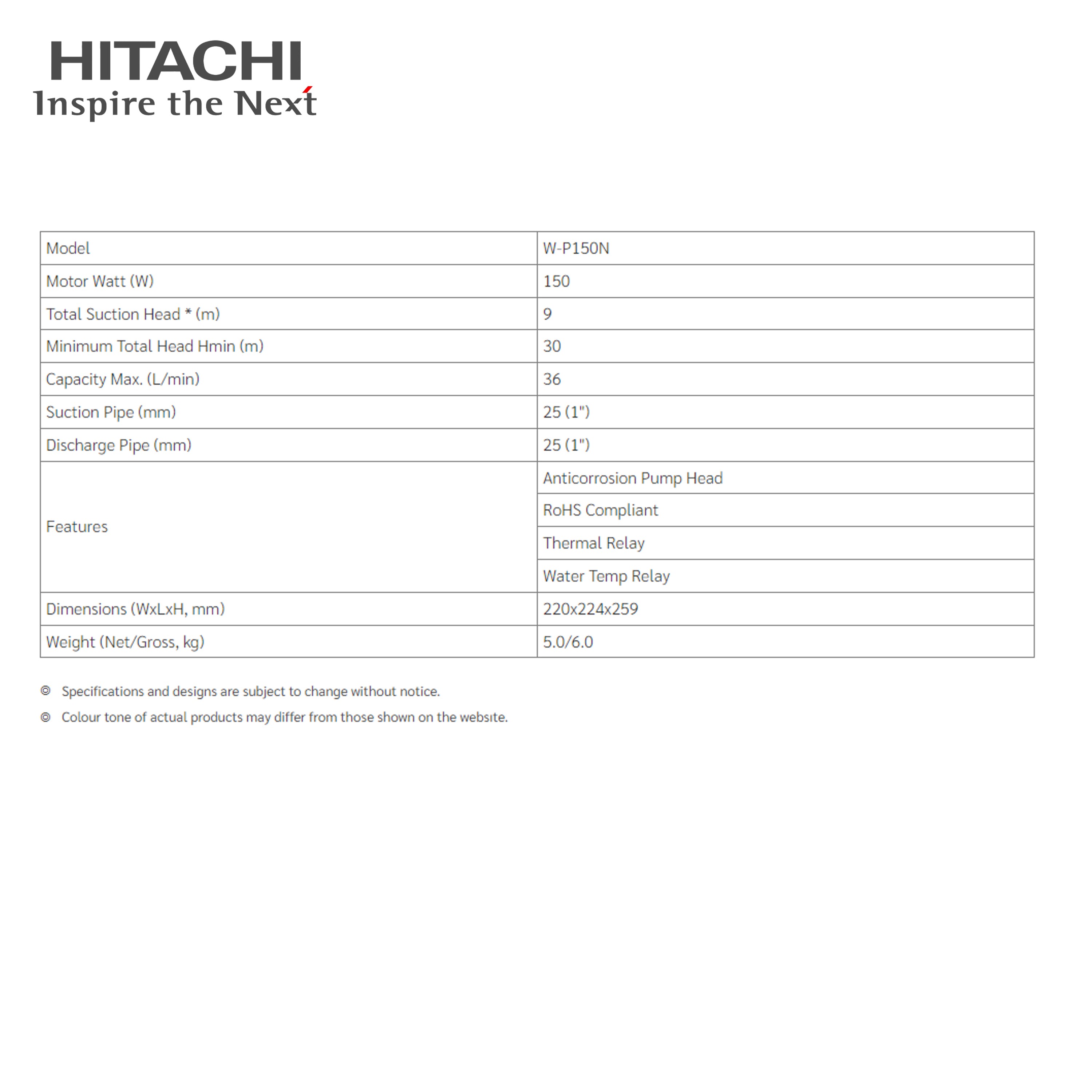 Hitachi Water Pump (150W) W-P150N Non-Automatic Series Pam Air 水泵 ...