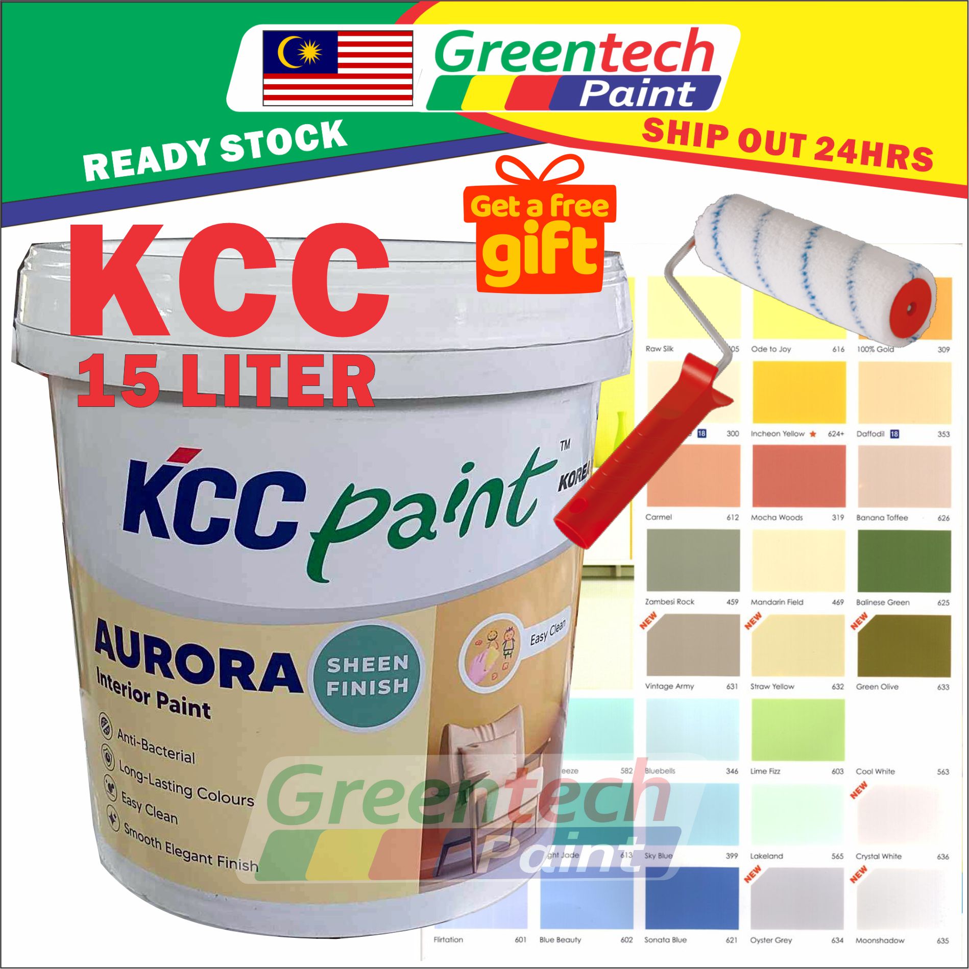 15 LITER AURORA SHEEN KCC PAINT INTERIOR LONG LASTING EASY CLEAN SMOOTH (FREE 7" ROLLER SET ...