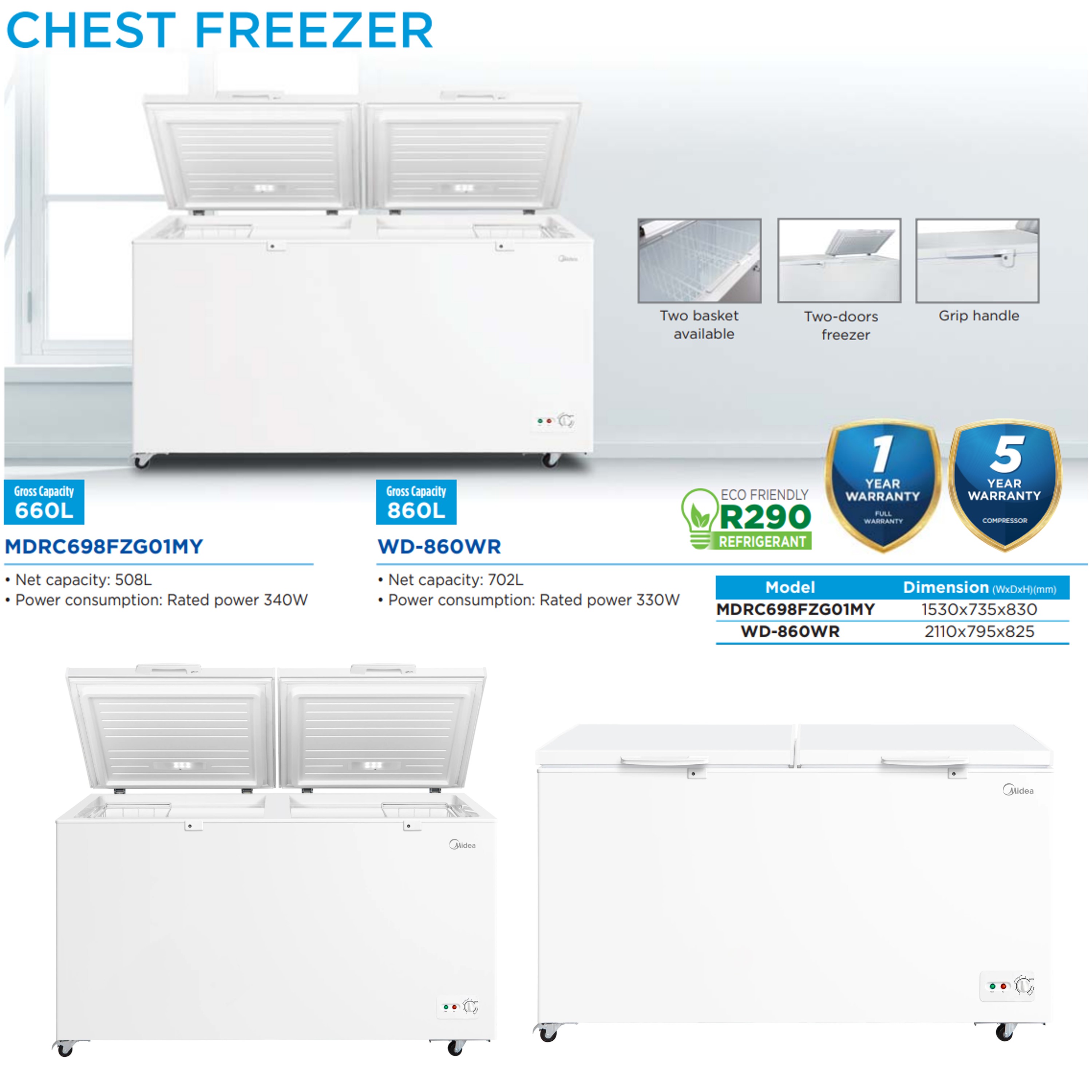 Midea Chest Freezer (390L / 500L / 660L / 860L) Peti Pembeku WD-300W WD ...
