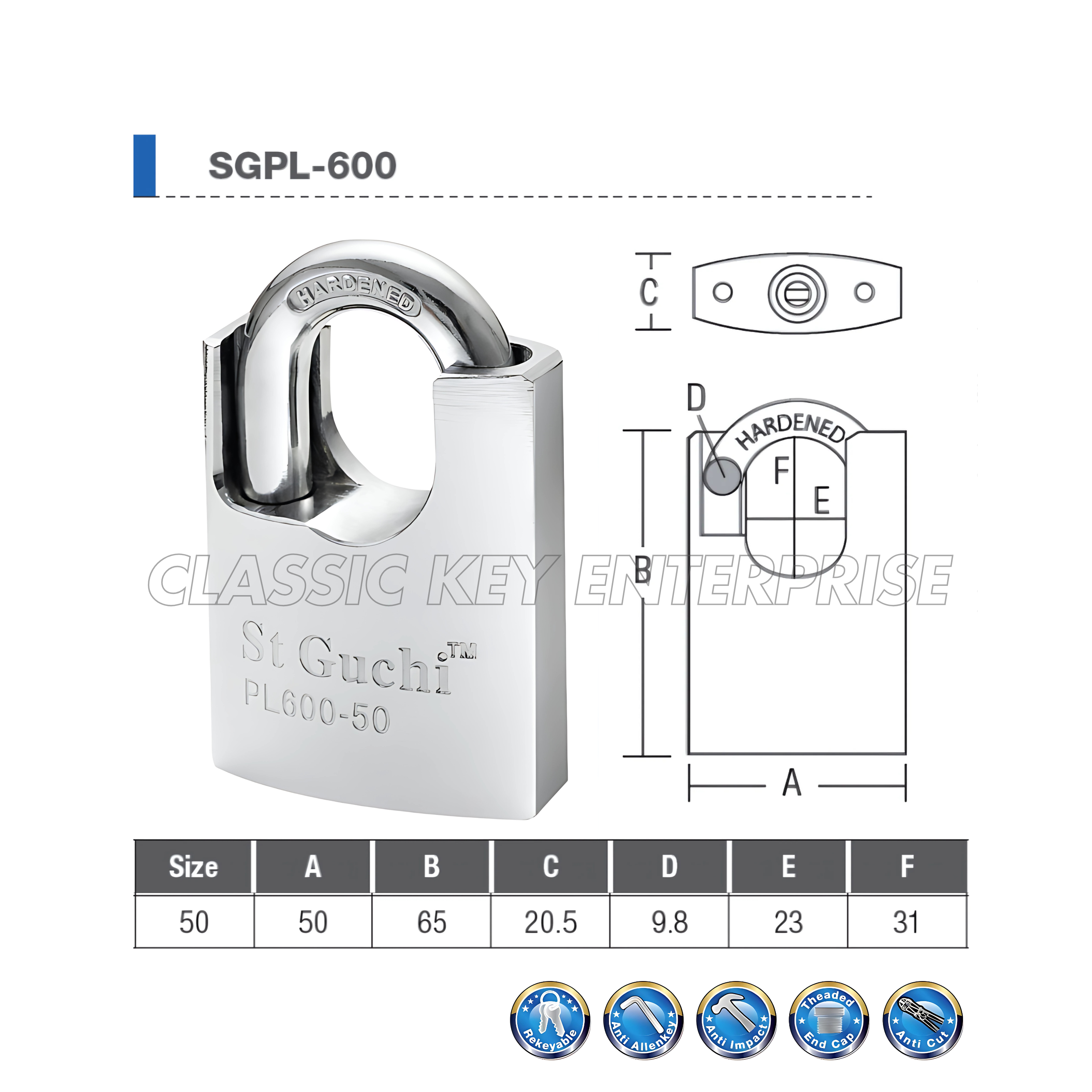 St Guchi Padlock SGPL-600 Guarded Shackle ABS Brass Chrome Size 50mm ...