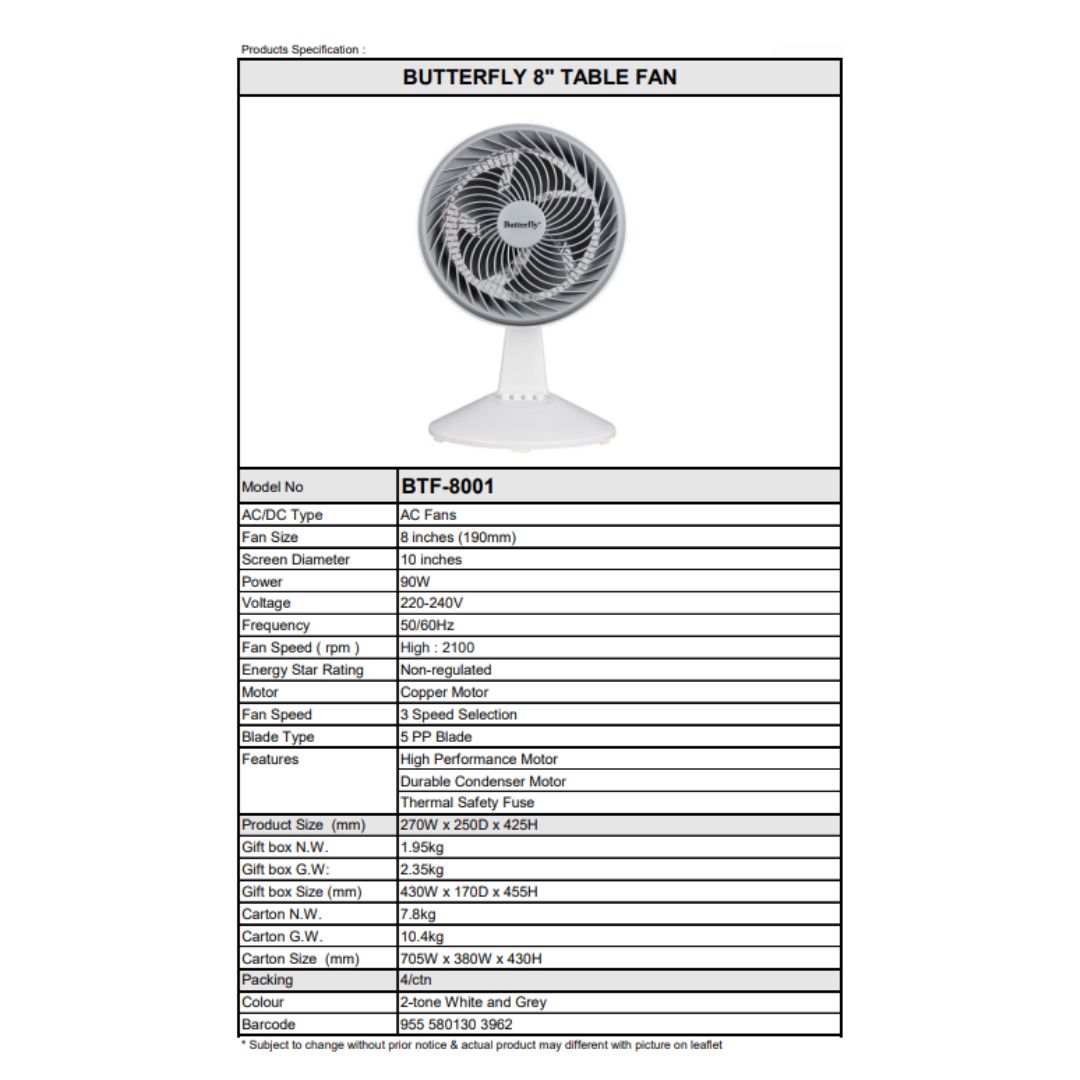 Butterfly 5 Blade Table Fan 3 Speed (8") BTF-8001 / (9") BTF-9001 ...