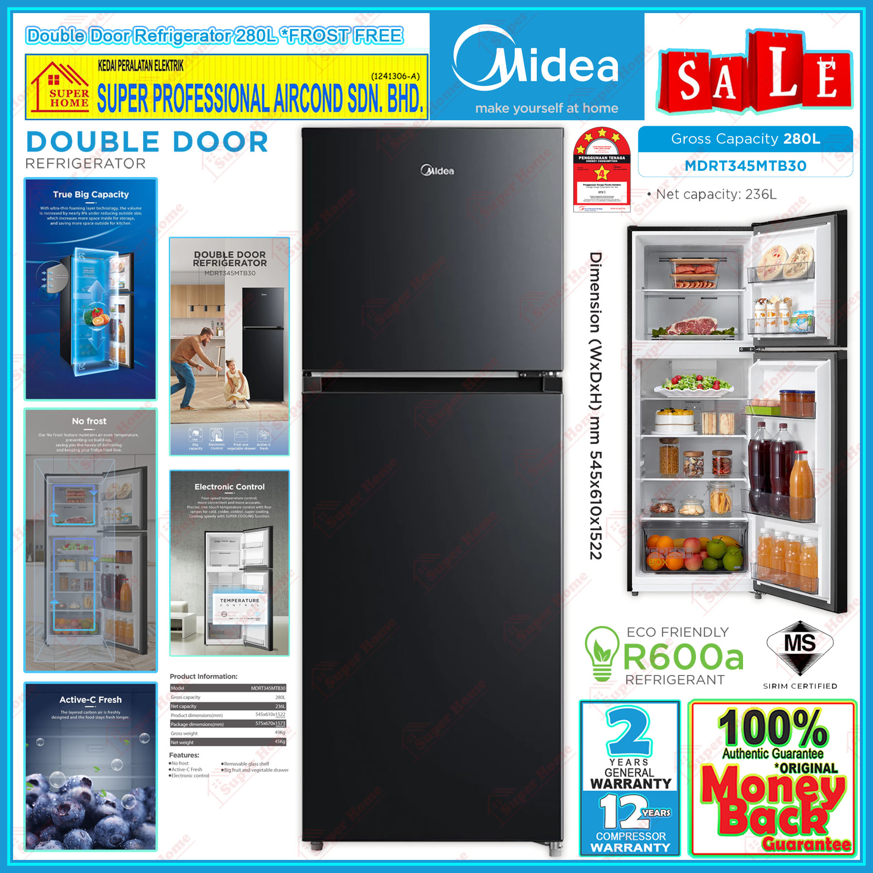 Midea Fridge MDRT345MTB30 2 Door Refrigerator (Gross 280L) | Shopee ...