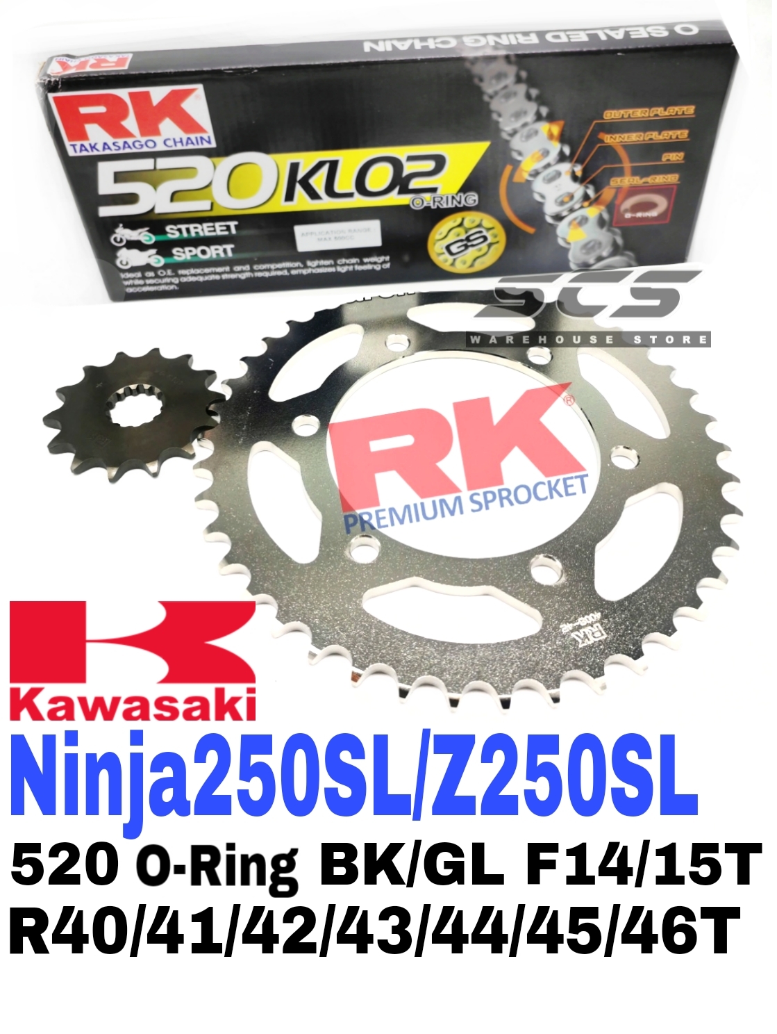 RK Sprocket Set Kawasaki Ninja 250 SL Z250SL 520 KLO2 O-Ring Black ...