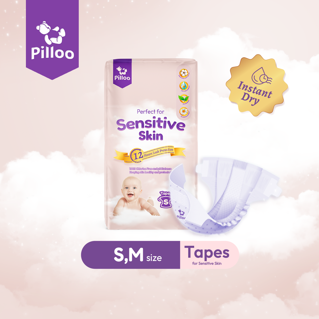 Pilloo Baby Diaper Tape Ultra-Soft Egypt Calendula Extract Instant Dry ...