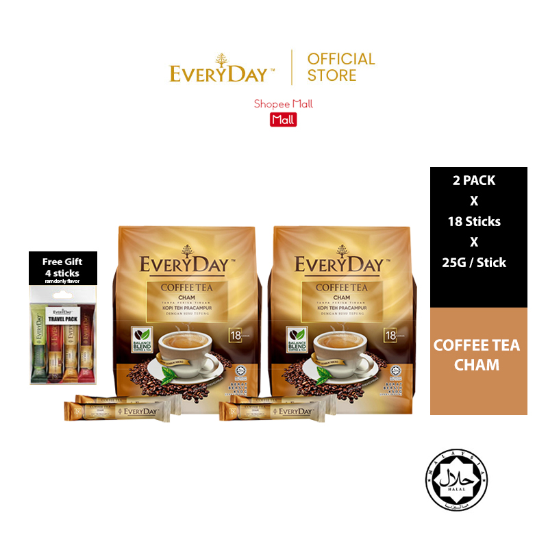 EVERYDAY Cham Coffee Tea (25g x 18 Sachets x 2 Packs) [Free Travel Pack ...
