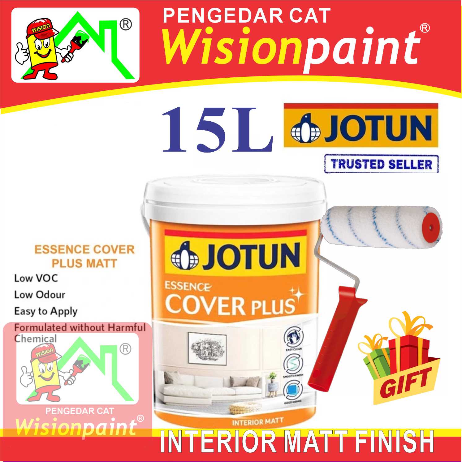 15L JOTUN ESSENCE COVER PLUS INTERIOR MATT ( FREE 7" ROLLER SET ) WISION | Shopee Malaysia