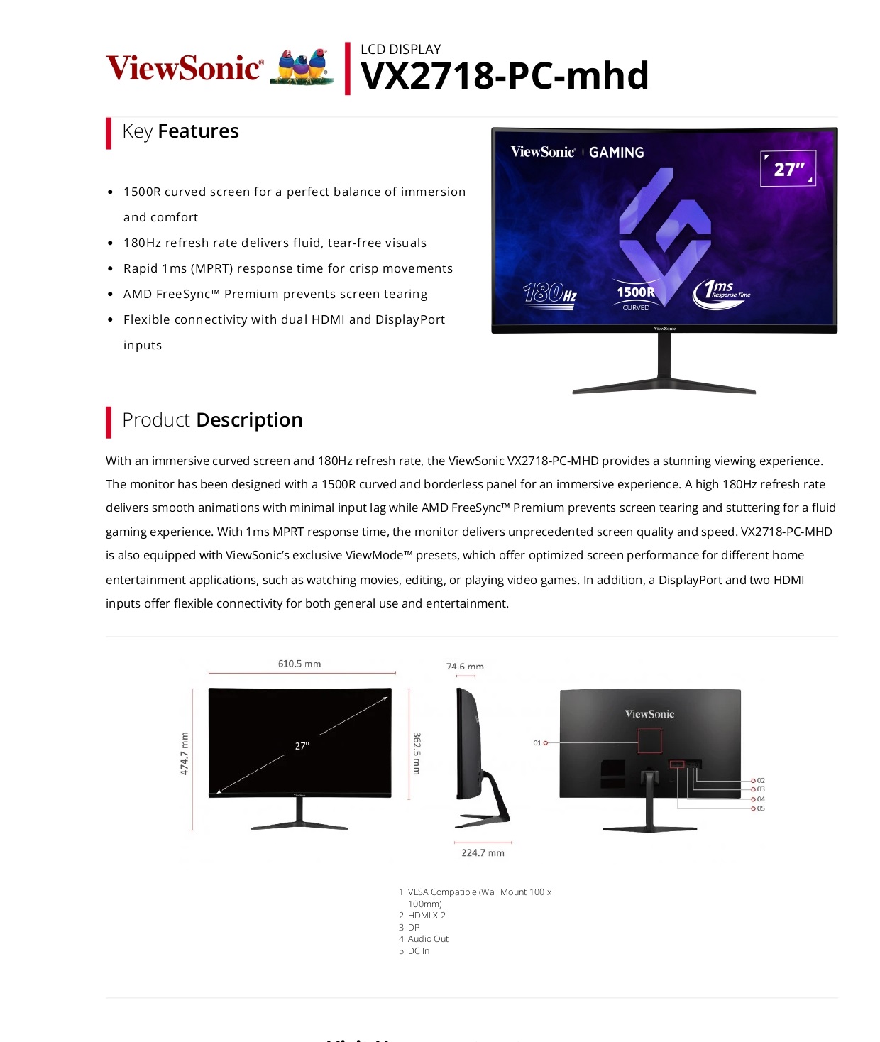 Viewsonic 27" VX2718-PC-MHD 165Hz Full HD Curved / VX2758A-2K-PRO-4 ...