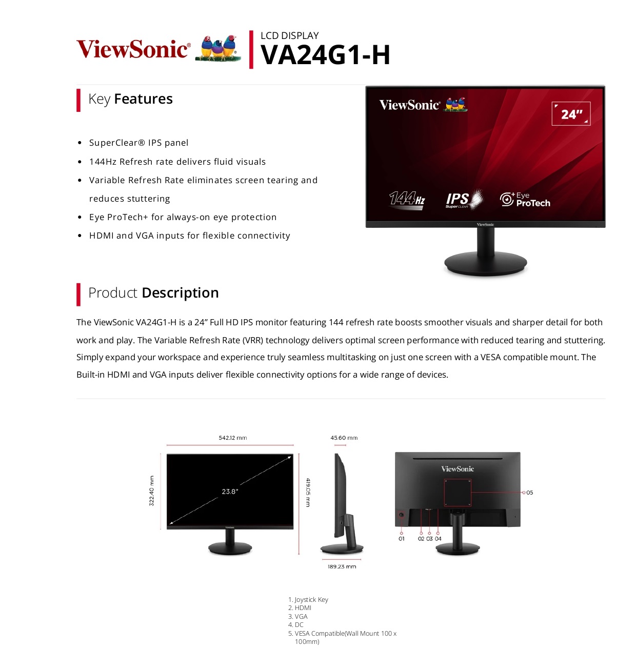 VIEWSONIC 24" VA240A-H (120Hz) / VA24G1-H (144Hz) FULL HD 1920x1080P ...
