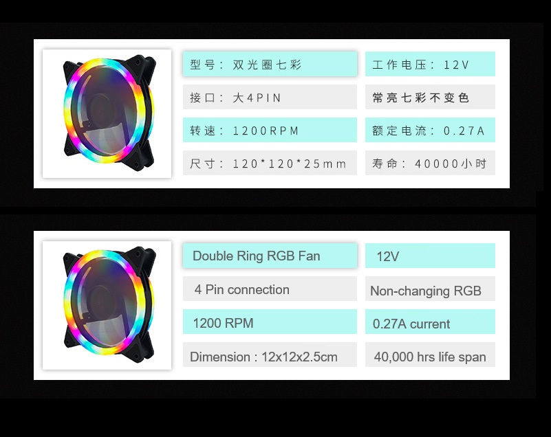 RGB PC Fan Dual Ring LED 12cm 120mm Cooling Fan Rainbow Colourful Kipas ...