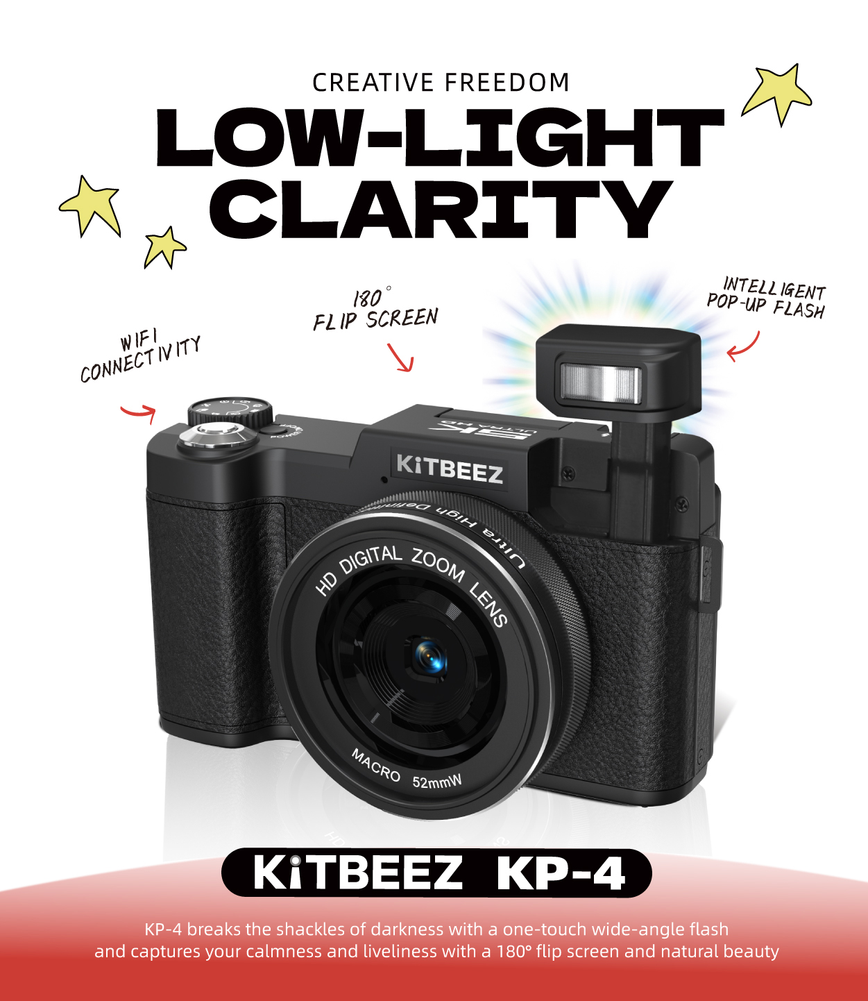 KiTBEEZ💡 75MP WiFi Digital Camera 180° Flip Screen 18X Zoom Selfile ...