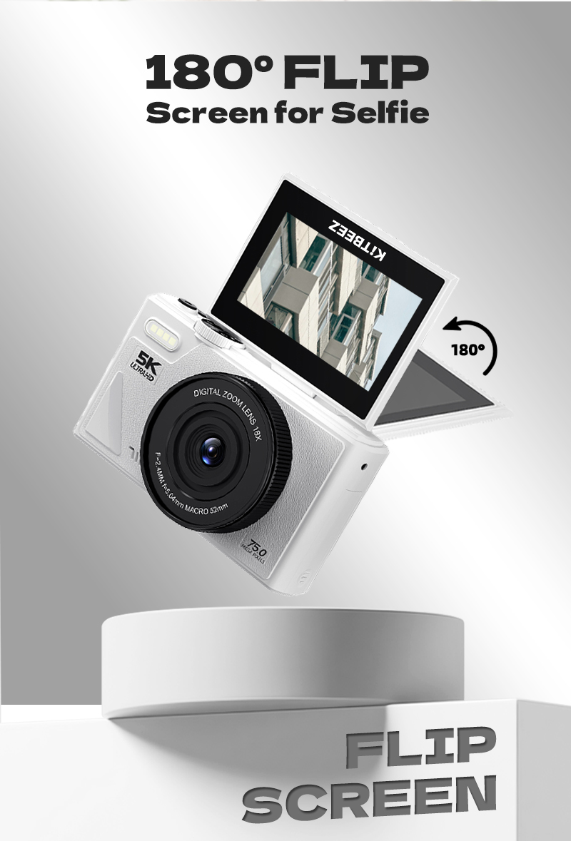 KiTBEEZ💡 75MP WiFi Digital Camera 180° Flip Screen 18X Zoom Selfile ...