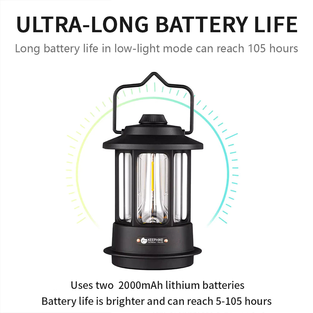 KEEPHIKE Camp Light Vintage Lantern Rechargeable Adjustable Waterproof Multi-Purpose Flashlight ...