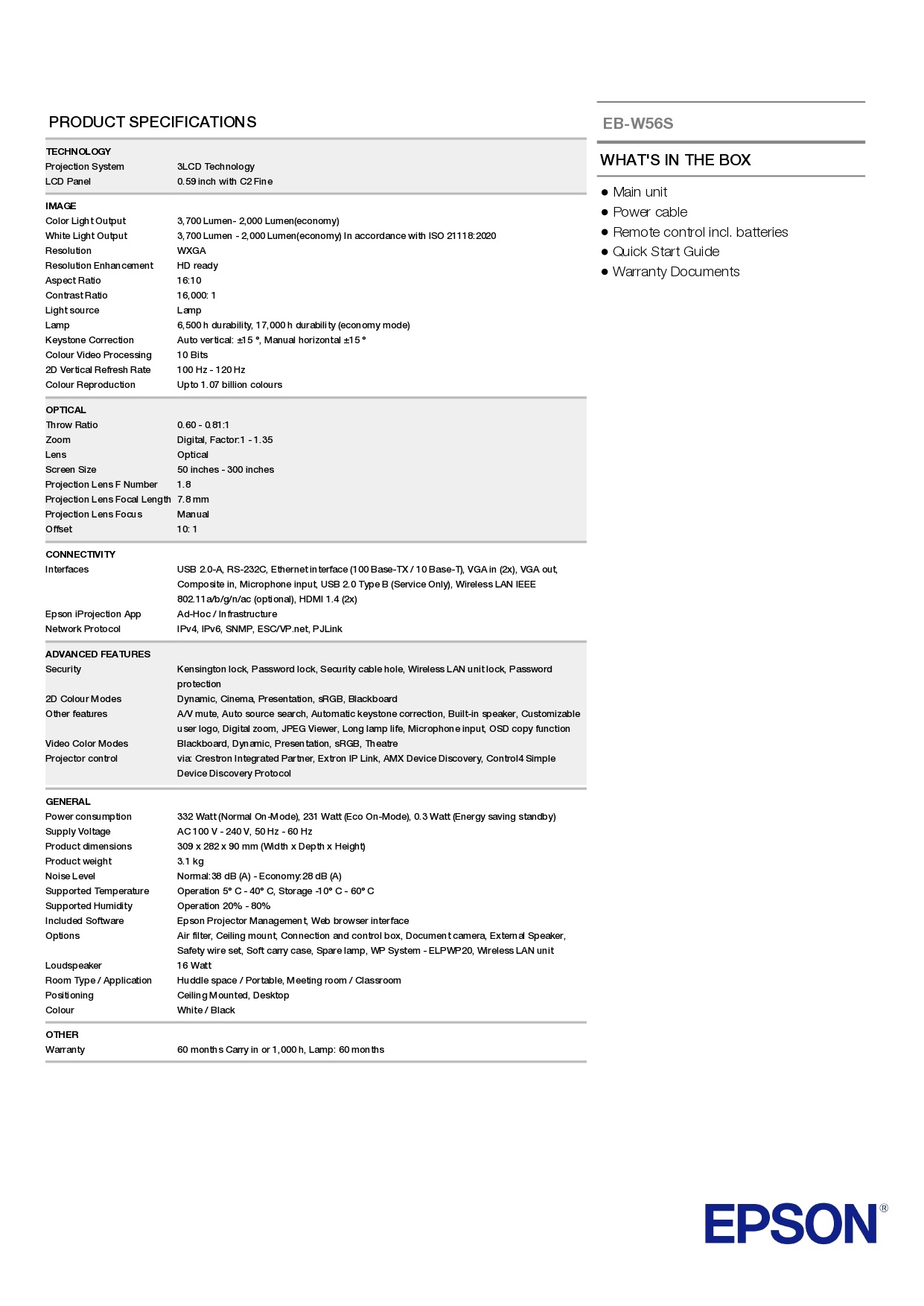 EPSON EB-W56S 3,700 LUMENS WXGA (1280x800) 3LCD PROJECTOR, CONTRAST RATIO:16,000:1, ECO 17,000 ...