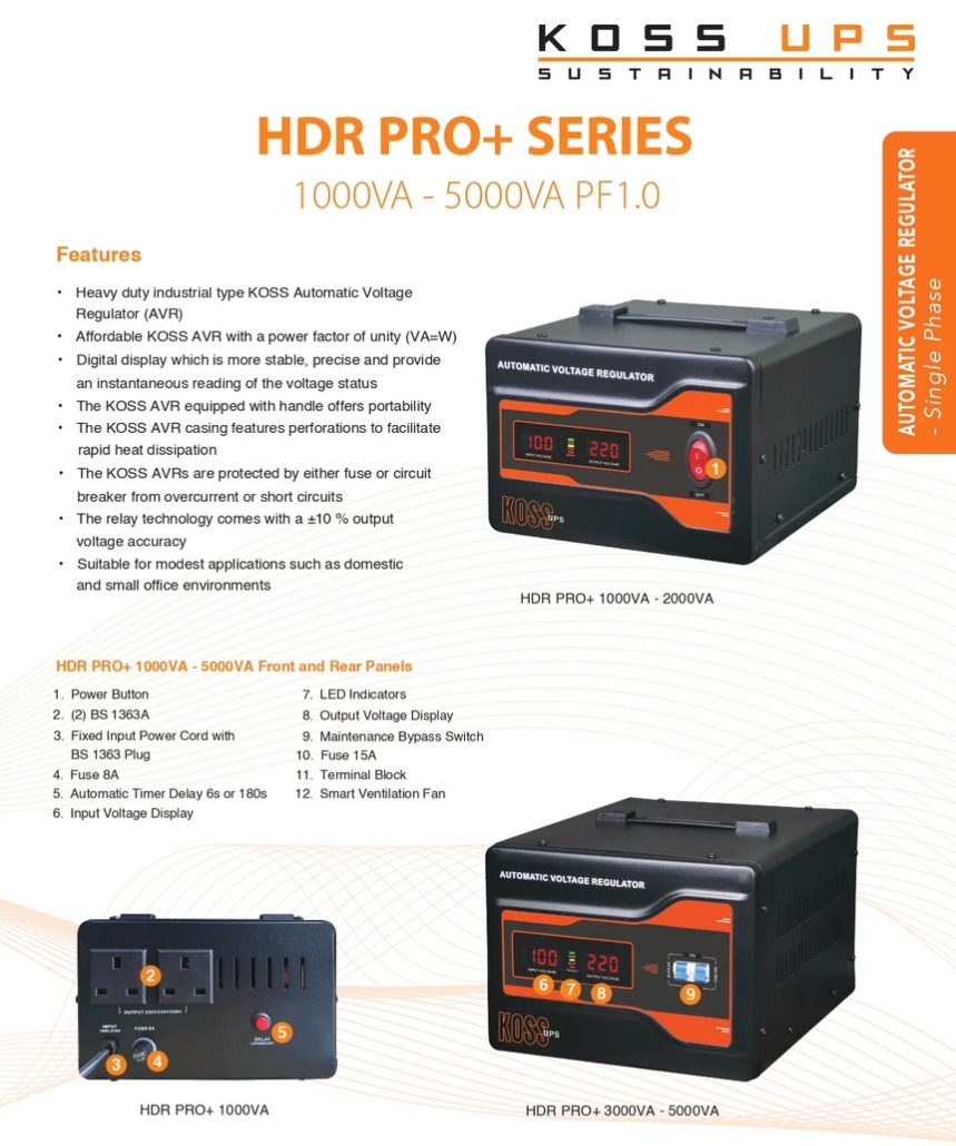 KOSS HDR PRO+ AVR 1000VA 2000VA 3000VA Voltage Regulator Relay Type ...