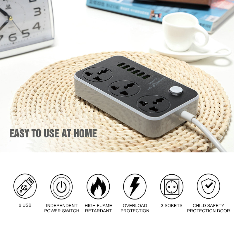 6 USB Port 3 Universal Power Strip Extension Plug Power Socket Electric ...