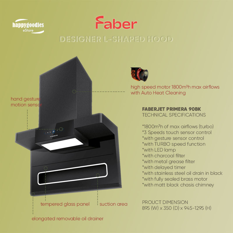 Faber L-Shaped Hood 1800m3h max Suction with Gesture Sensor Auto Heat ...