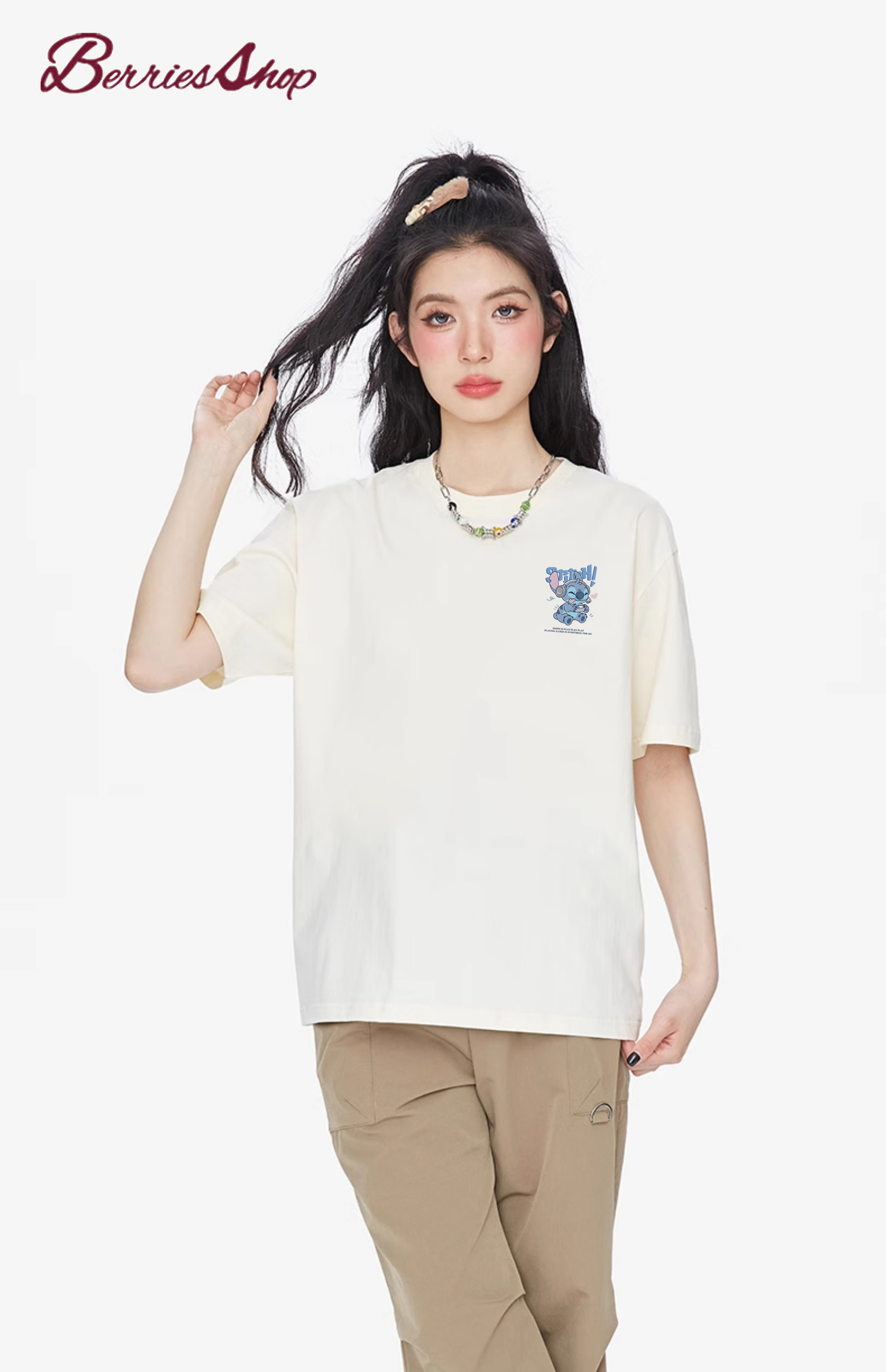 Korean style 100% pure cotton round neck top with Stitch print for ...