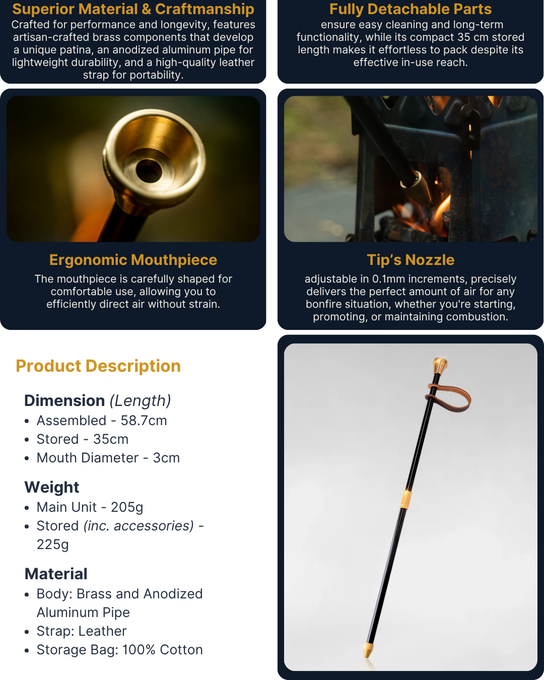 ZEN CAMPS - FIRE BLOWER ALUMINIUM BLOWING STICK PIPE CAMPFIRE FIRE ...
