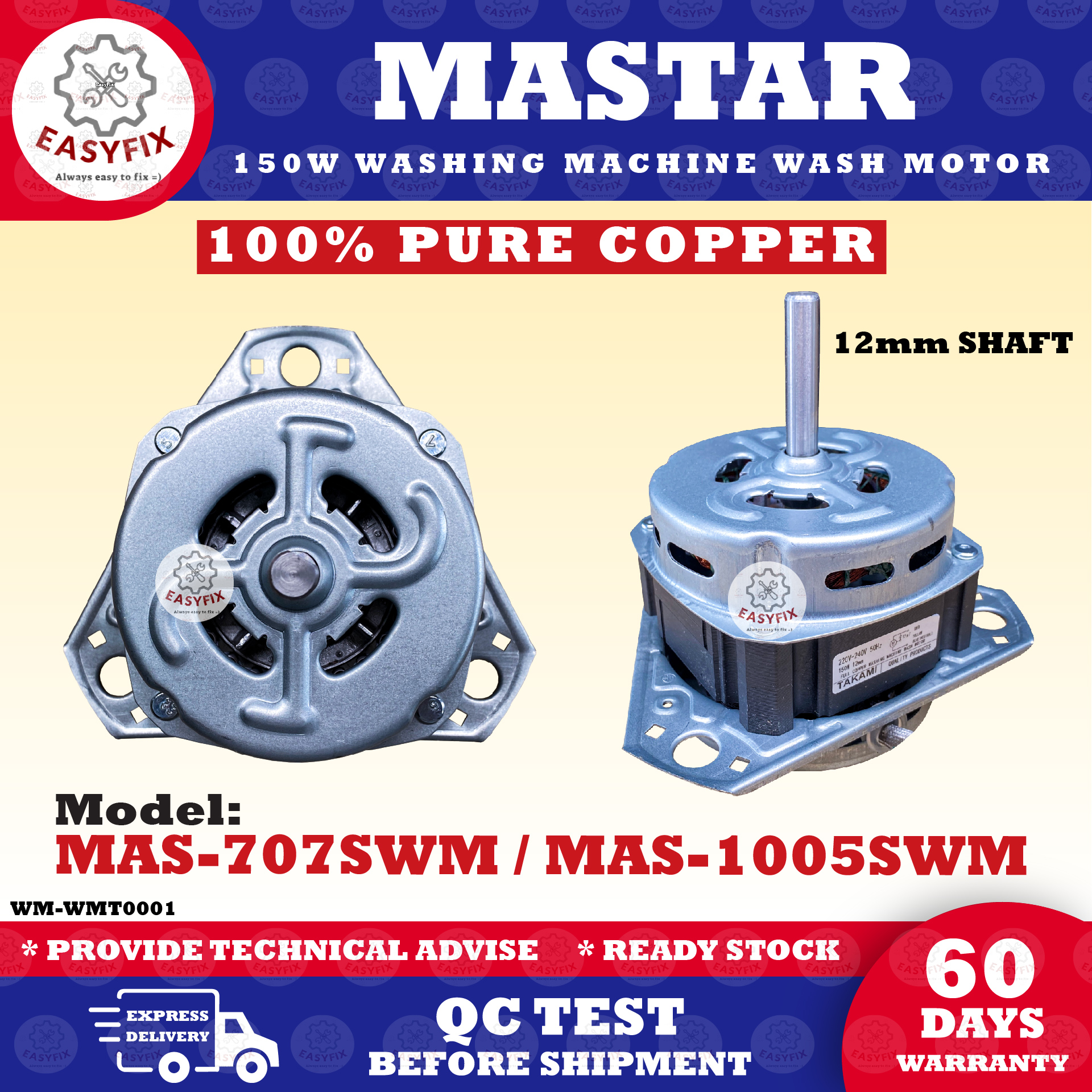 MAS-707SWM / MAS-1005SWM MASTAR SEMI-AUTO WASHING MACHINE WASH MOTOR ...