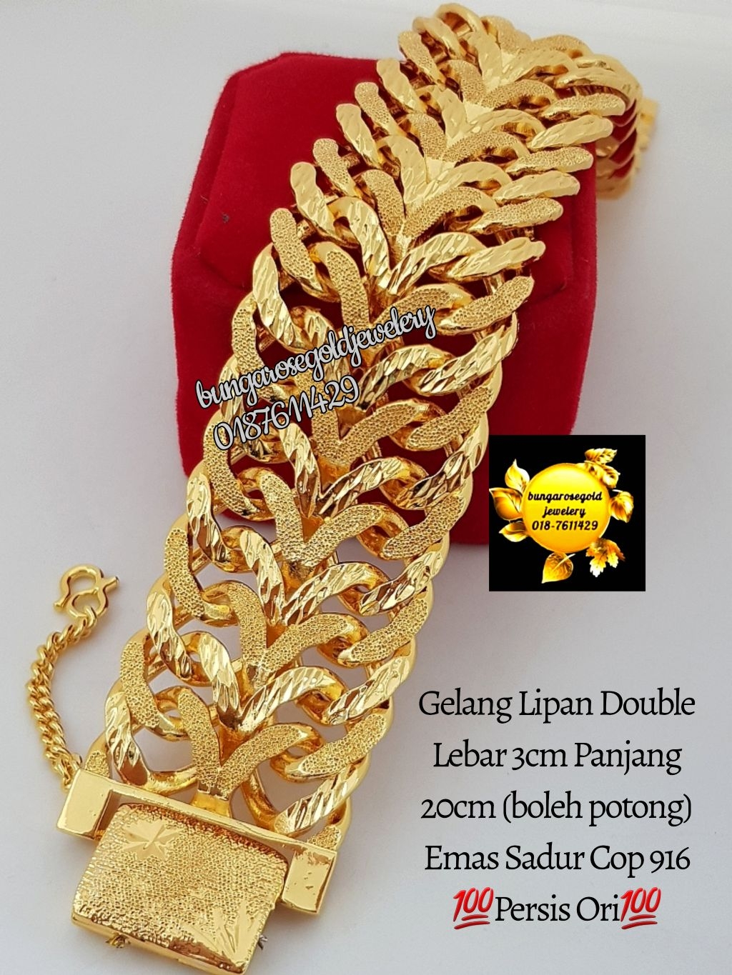 🔥Gelang Lipan Double Dubai Lebar 3cm Panjang 20cm (boleh potong) Emas ...