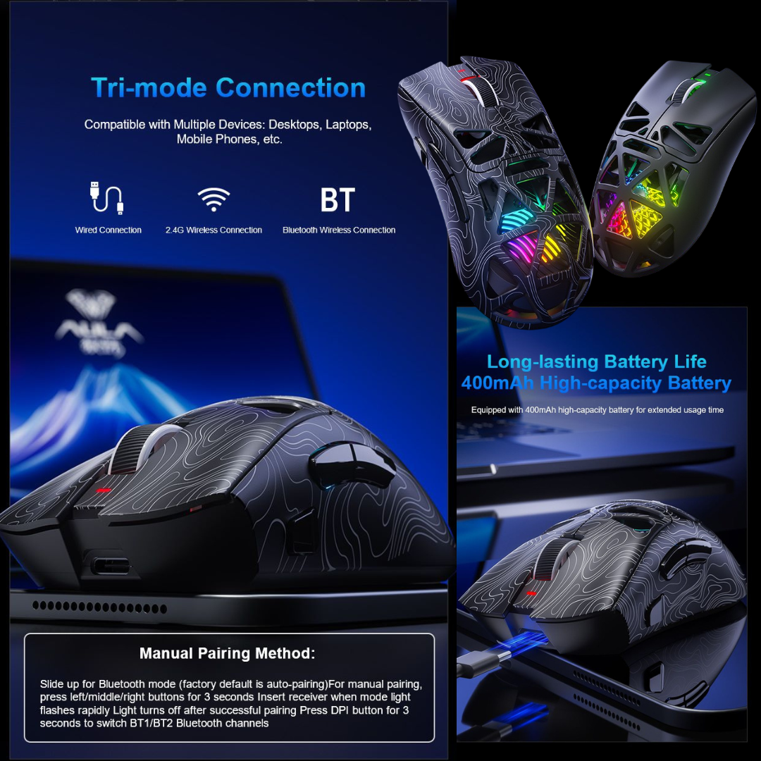 AULA SC620 Wireless Mouse 12000 DPI RGB Hollow Out 8 Button Lightweight ...
