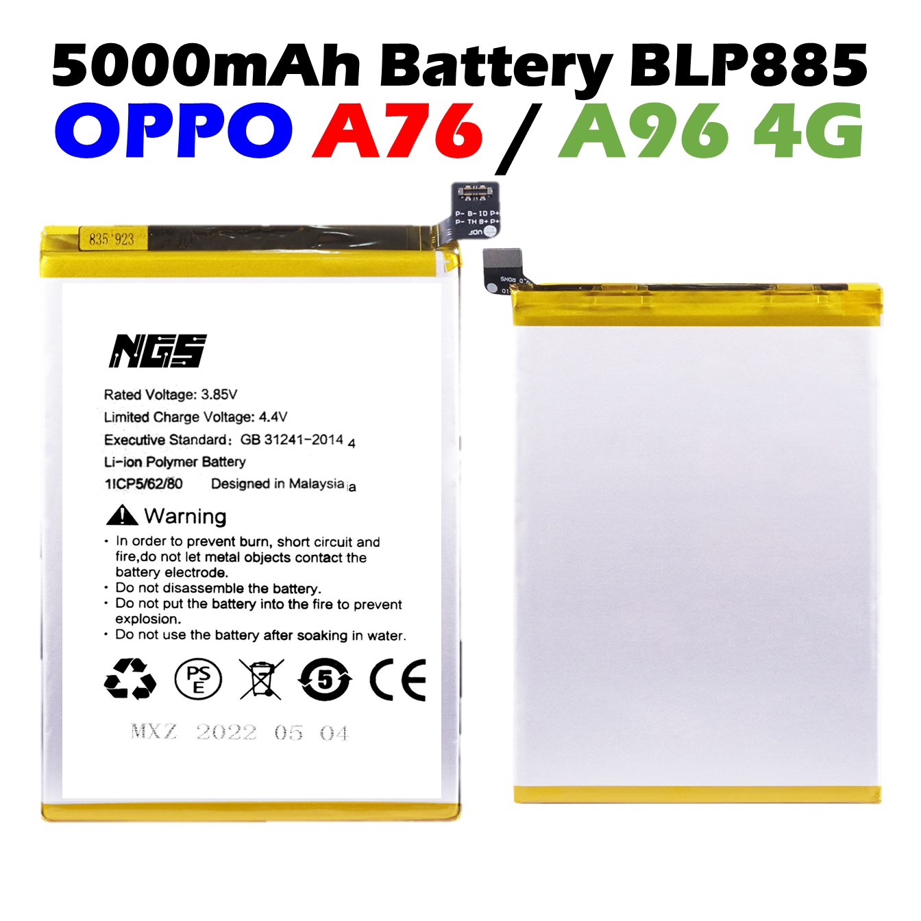 ORIGINAL NGS Brand 5000mAh Battery BLP885 Compatible For OPPO A76 4G ...