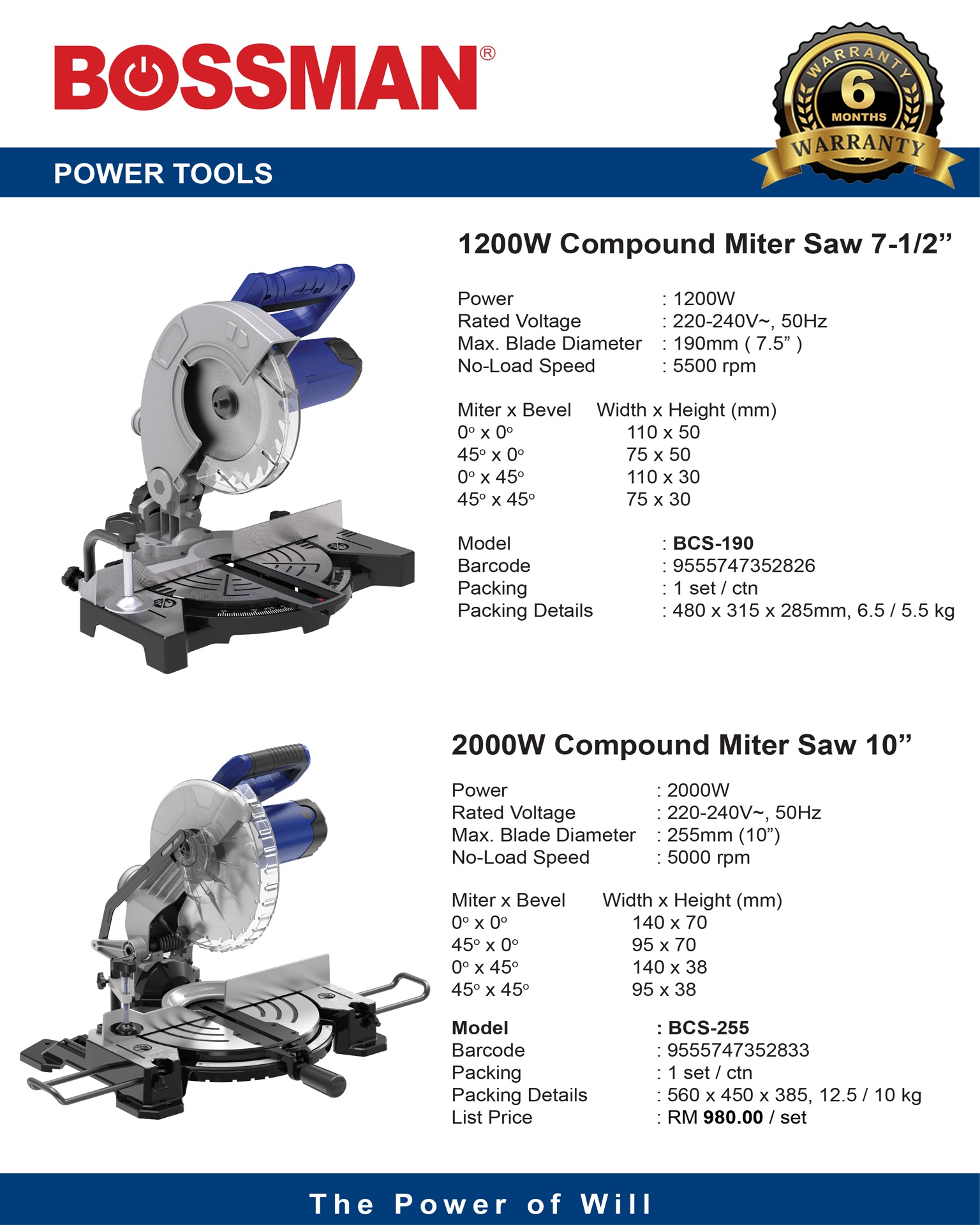 BOSSMAN 10" Compound Miter Saw BCS255 10" BCS190 7-1/2" / MESIN POTONG ...