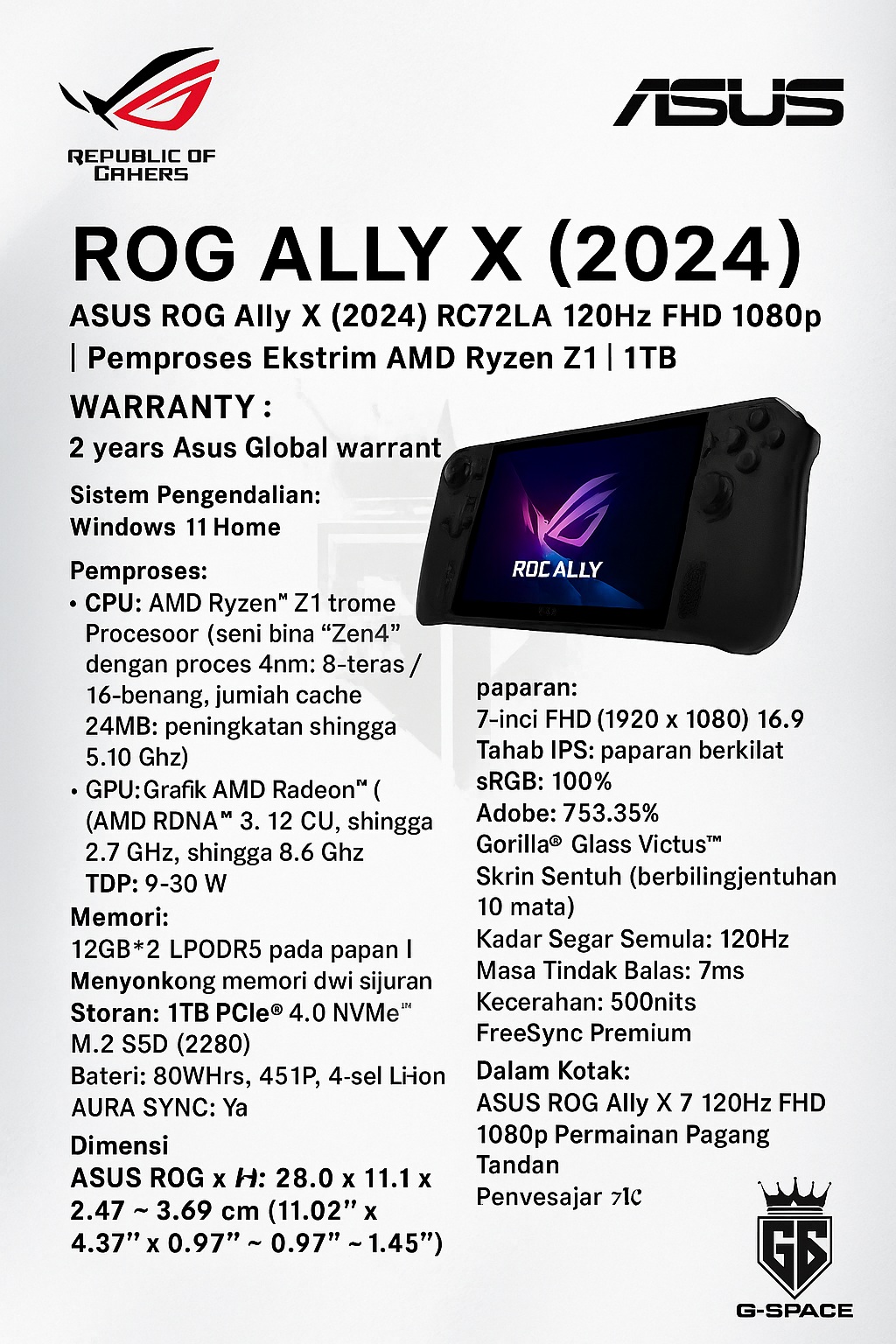 Asus ROG Ally X Ryzen Z1 Extreme Handheld Gaming Console | 1TB SSD 24GB ...