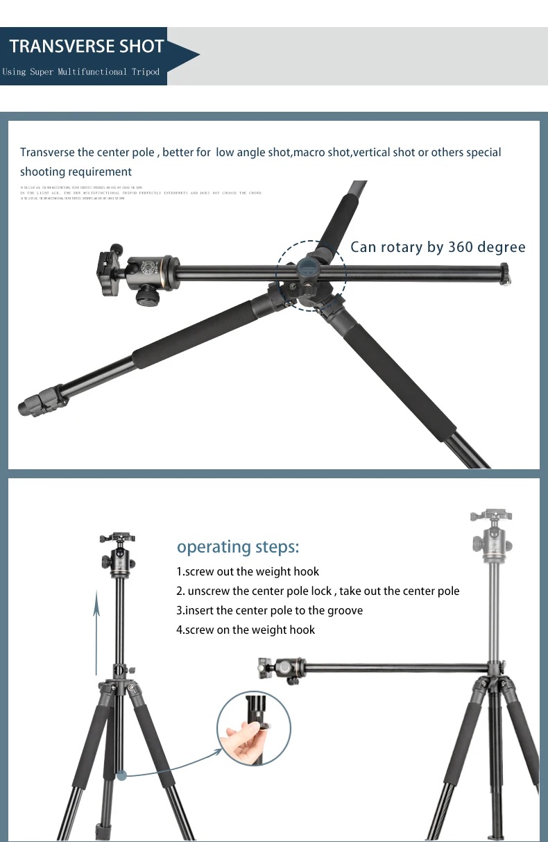 QZSD Q308H Flexible Tripod Camera Transverse Center Tripod With Bag ...