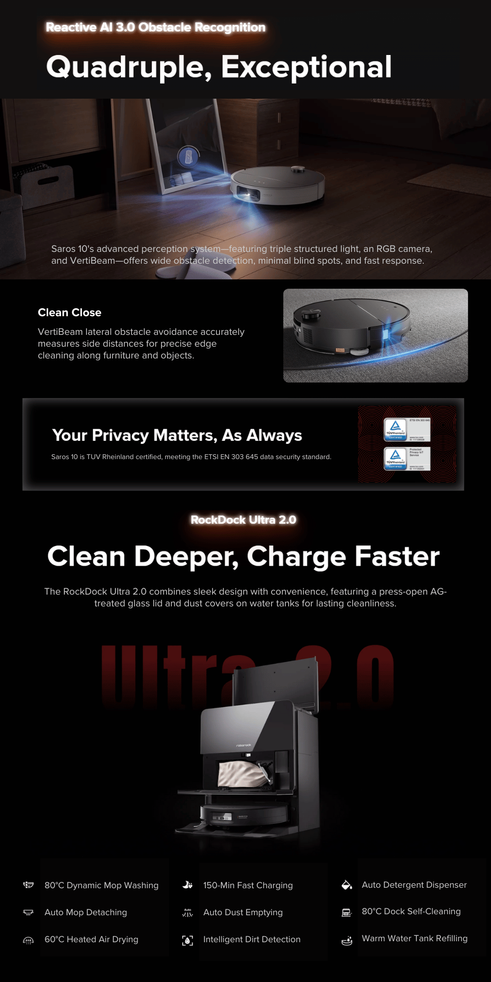 Roborock Saros 10 Robot Vacuum | 22,000Pa | Ultra-Thin 7.98 cm | Self ...