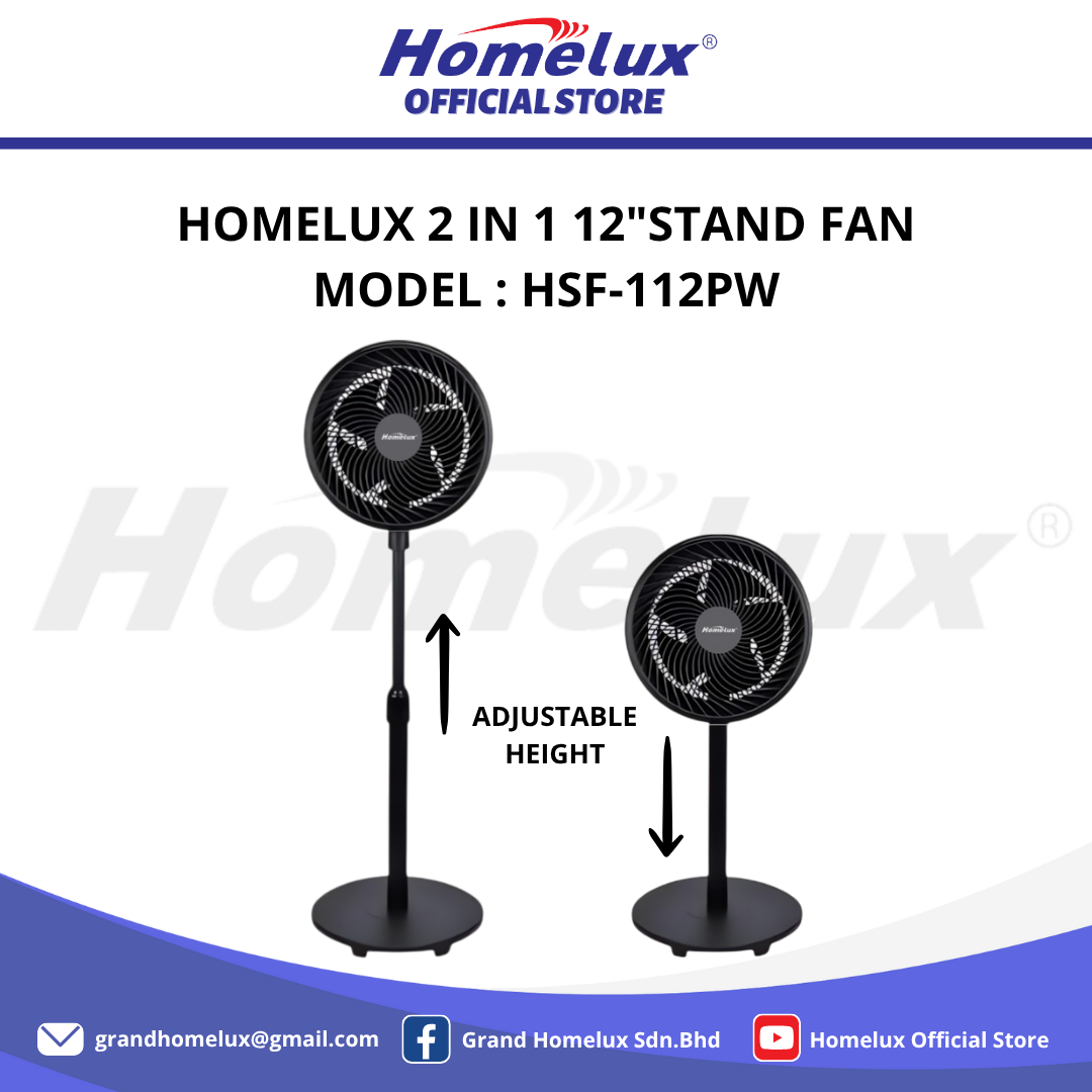 HOMELUX 2 IN 1 STAND FAN 12" ADJUSTABLE STAND FAN HSF-112PW KIPAS ...
