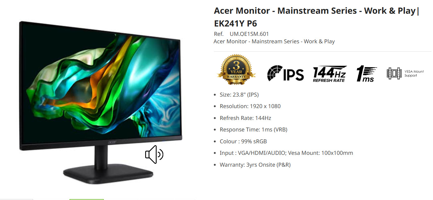 ACER EK241Y P6 23.8'' Monitor - FHD | IPS | 120Hz | 1ms | VGA+HDMI ...
