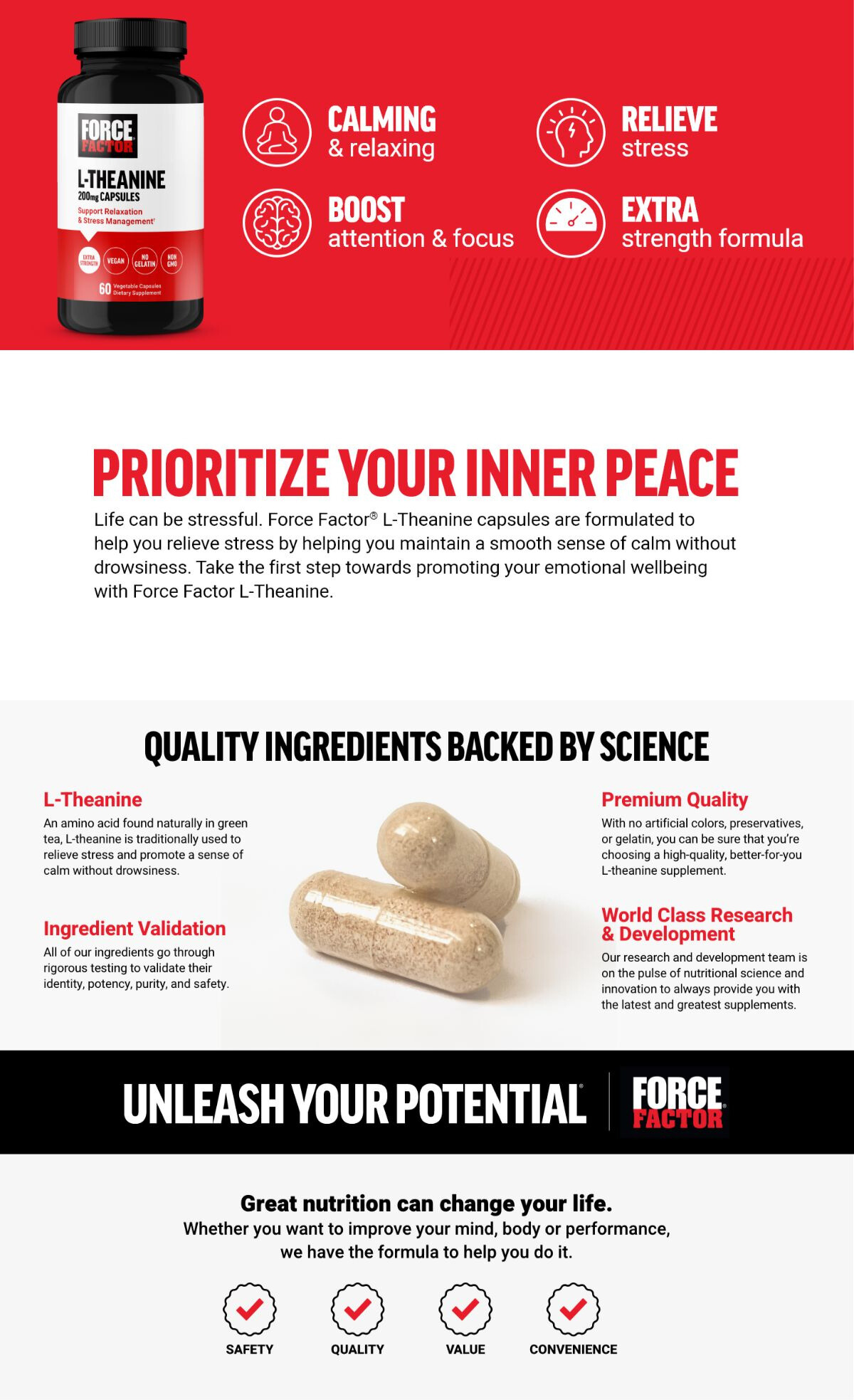Force Factor, L-Theanine, Extra Strength , 200 mg , 60 Vegetarian Capsules, Supporting Calm and ...