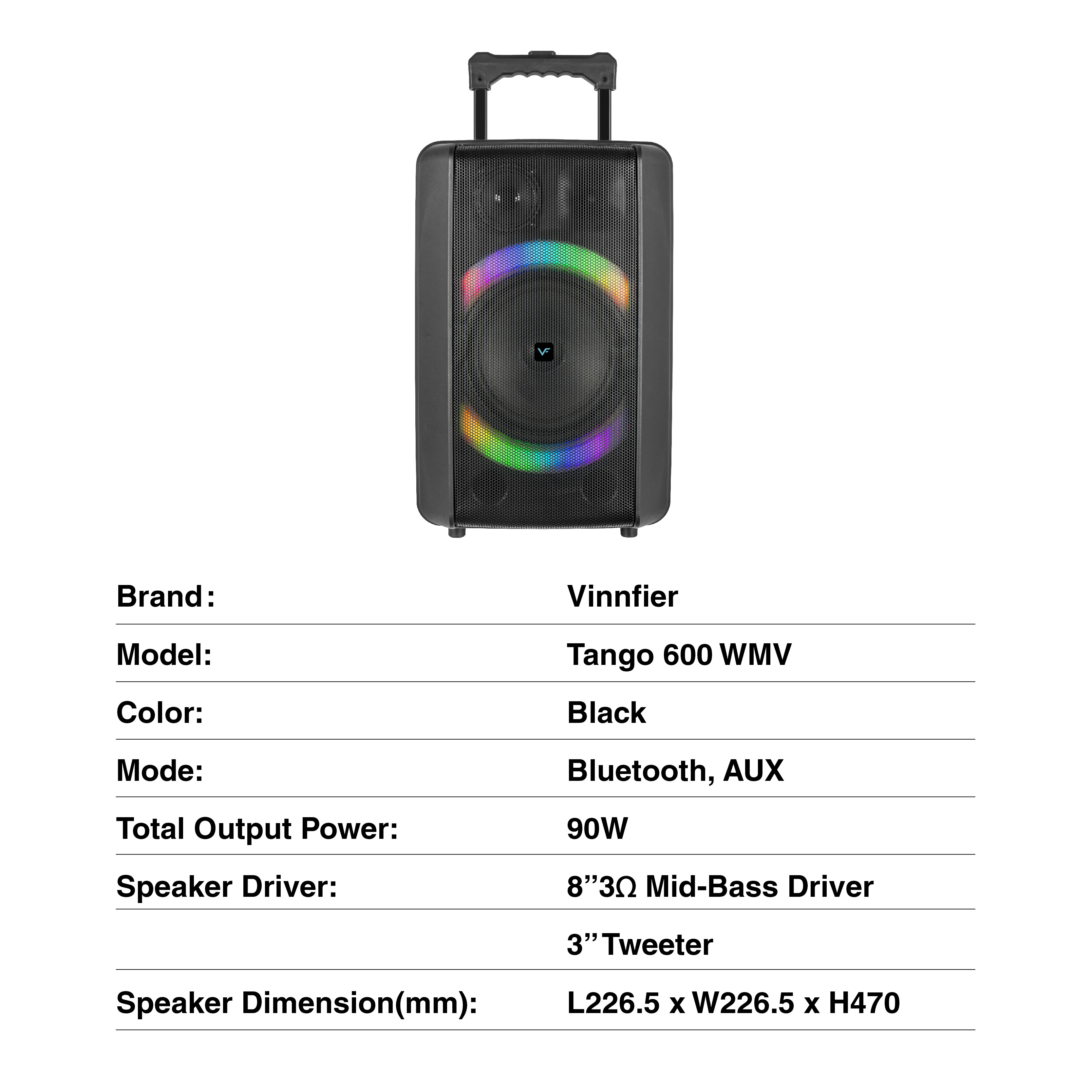 Vinnfier VF TANGO 600 WMV Portable Trolley Bluetooth Wireless Speaker TWS USB AUX FM Micro-SD ...