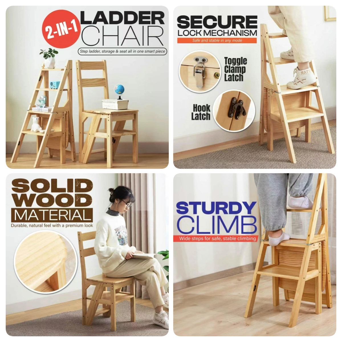 LaccoHug Foldable Ladder Chair Tangga Lipat 3Layers 2 in 1 Bamboo Step ...