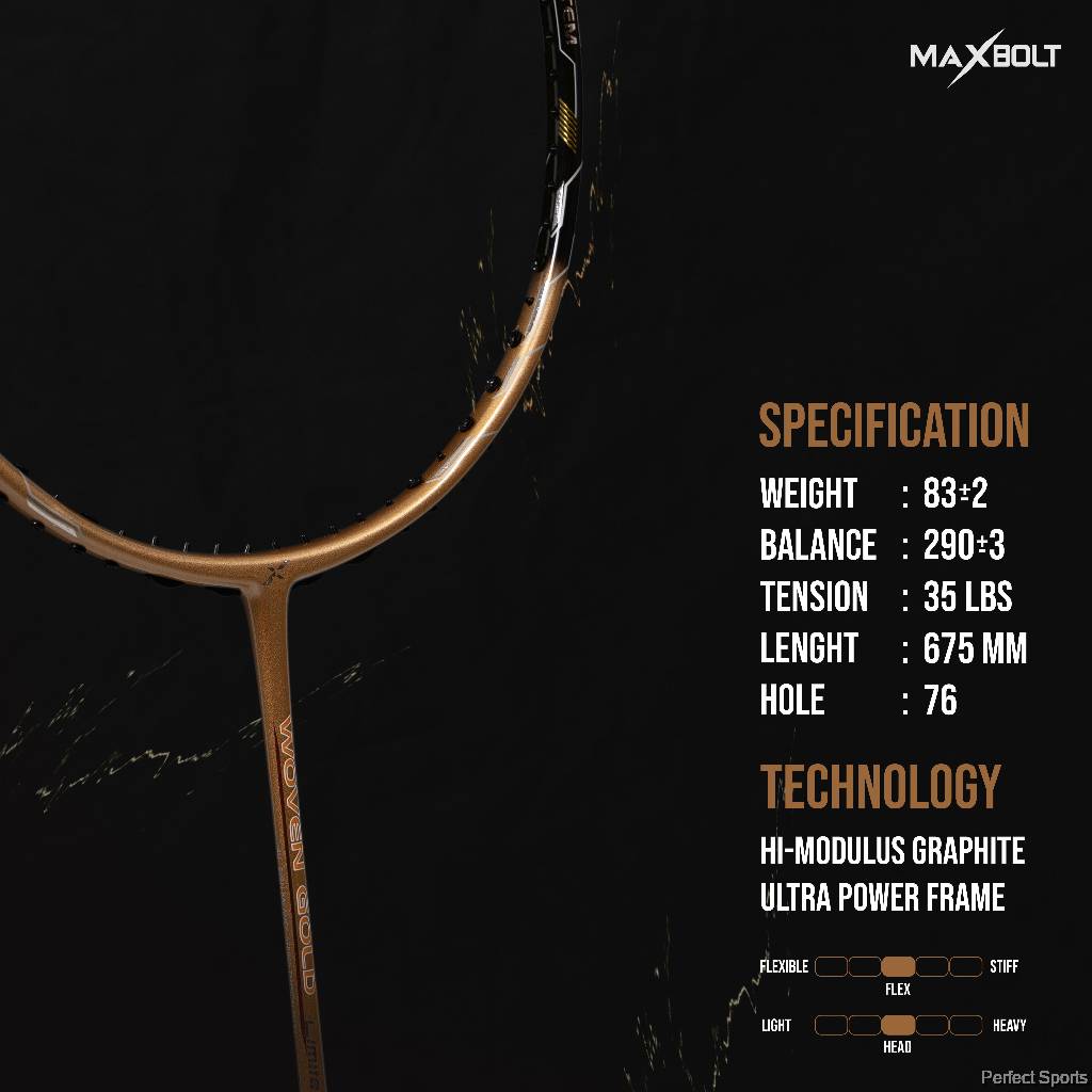 MAXBOLT Woven Gold Limited Edition Badminton Racket 4U/G5 ,35 lbs, Even ...